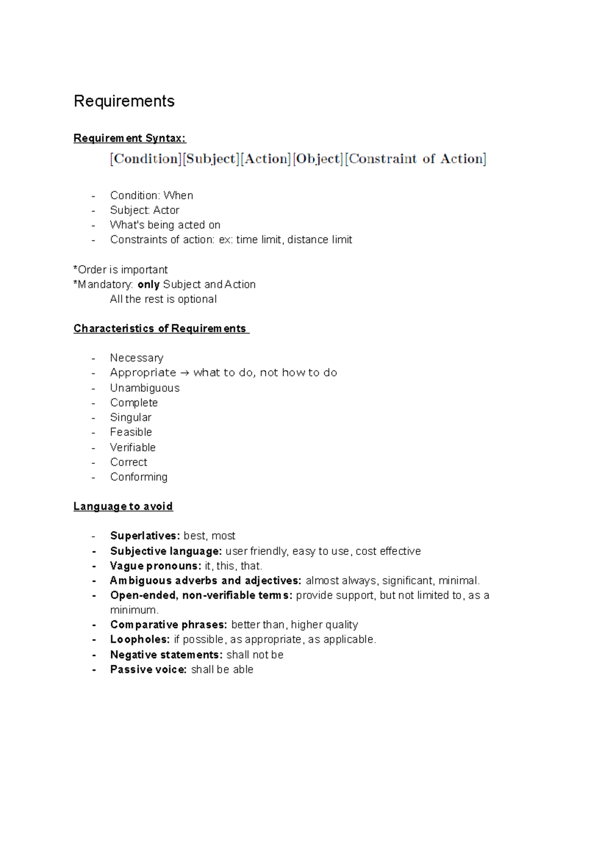 Summary Requirements - Requirements Requirement Syntax: Condition: When ...
