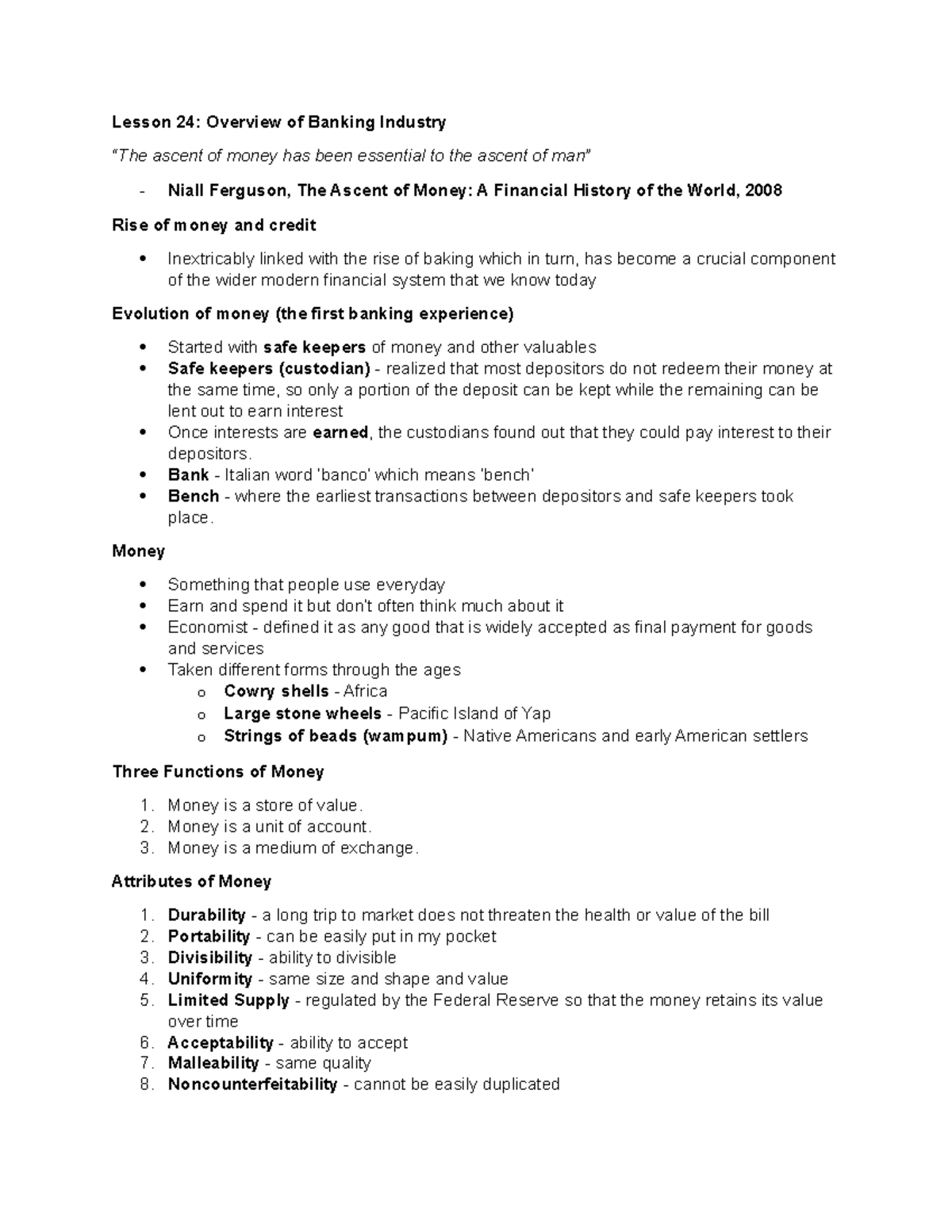 BAM 191 Lesson 24 - Lesson 24: Overview of Banking Industry “The ascent ...