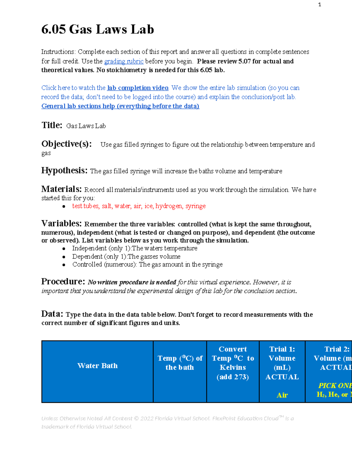 Completed 6.05 Gas Laws Lab-V22 - 6 Gas Laws Lab Instructions: Complete ...