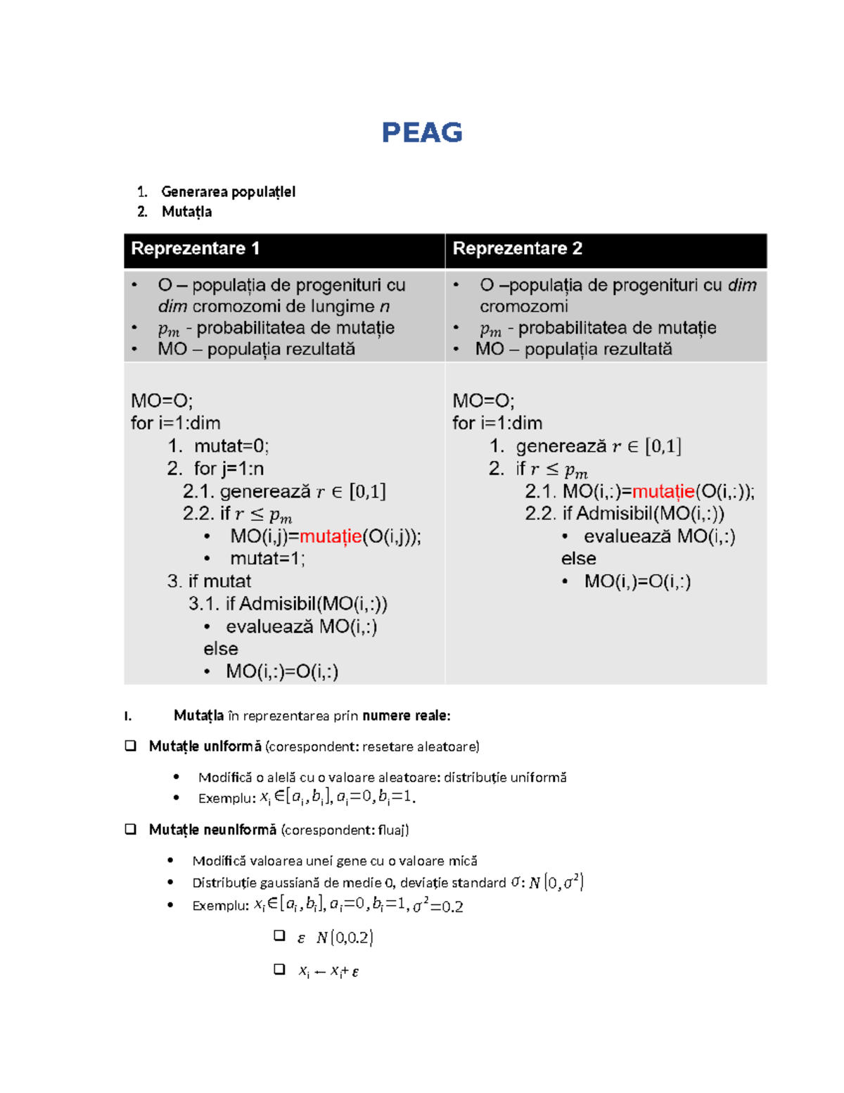 PEAG teorie - PEAG Generarea populației Mutația I. Mutația în ...