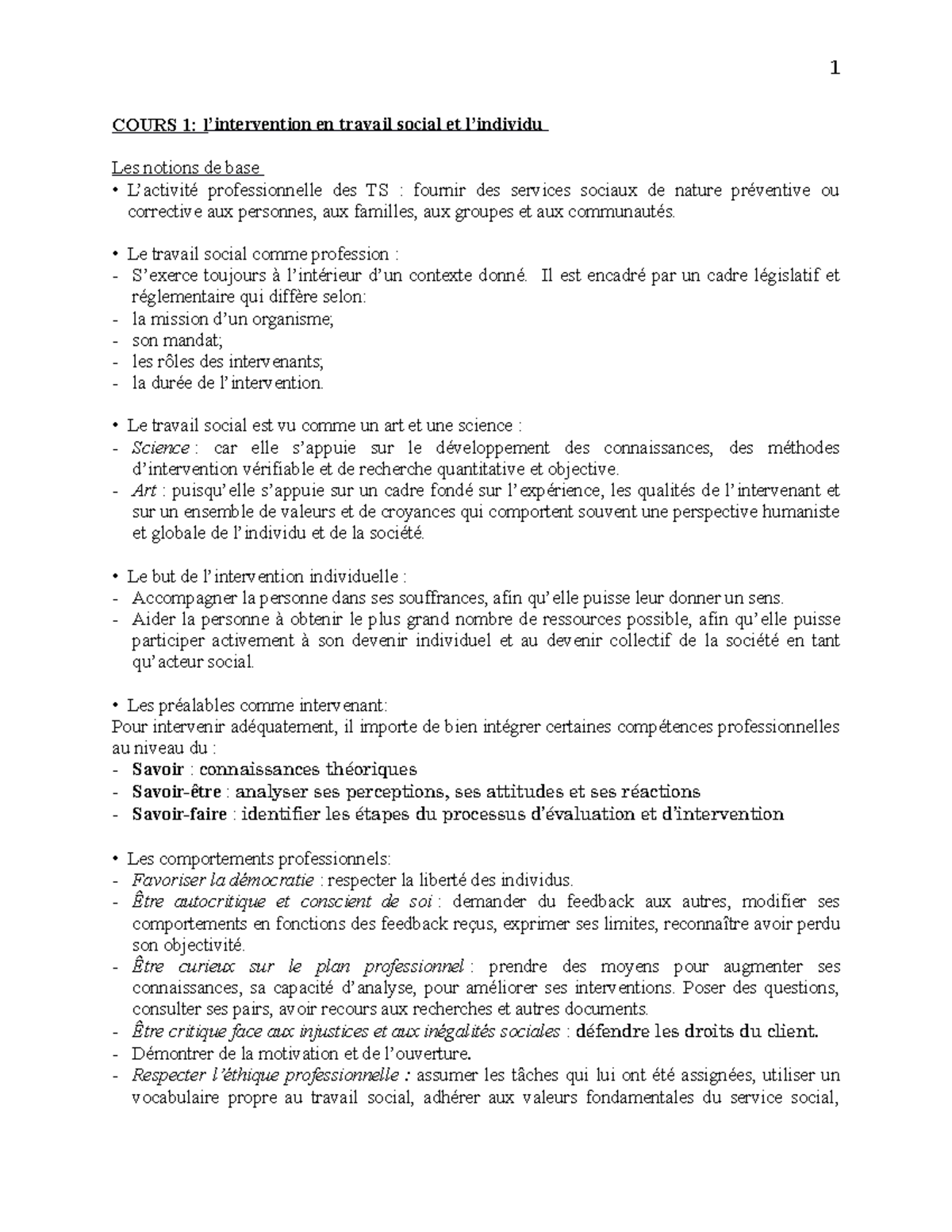 Notes de cours 1 - COURS 1: l’intervention en travail social et l ...