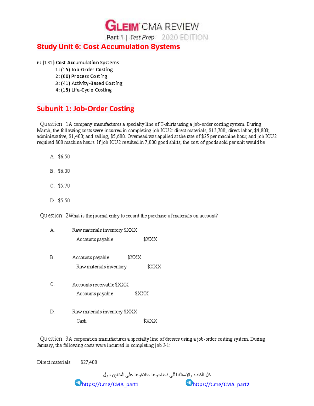 5 test Cma part 1 IMA GLEIM BOOK 2020 question - Specialized Accounting ...
