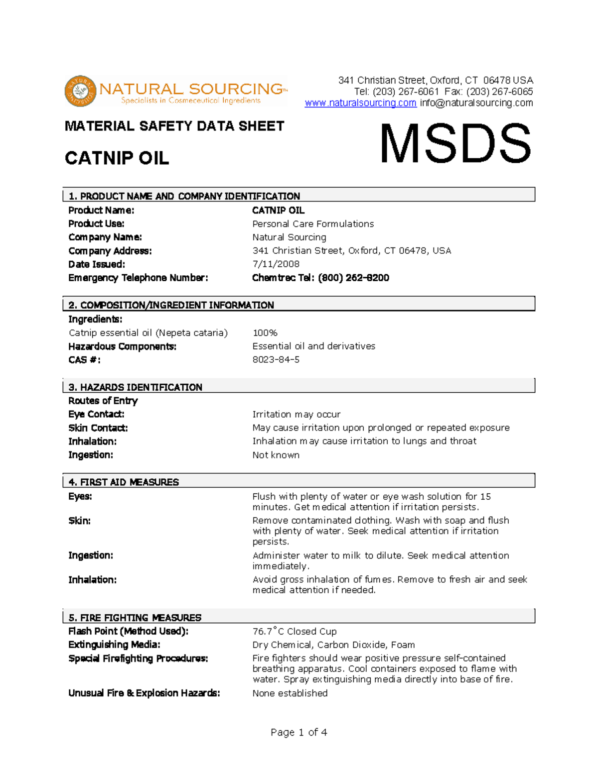 MSDS Essential Oil Catnip - 341 Christian Street, Oxford, CT 06478 USA ...
