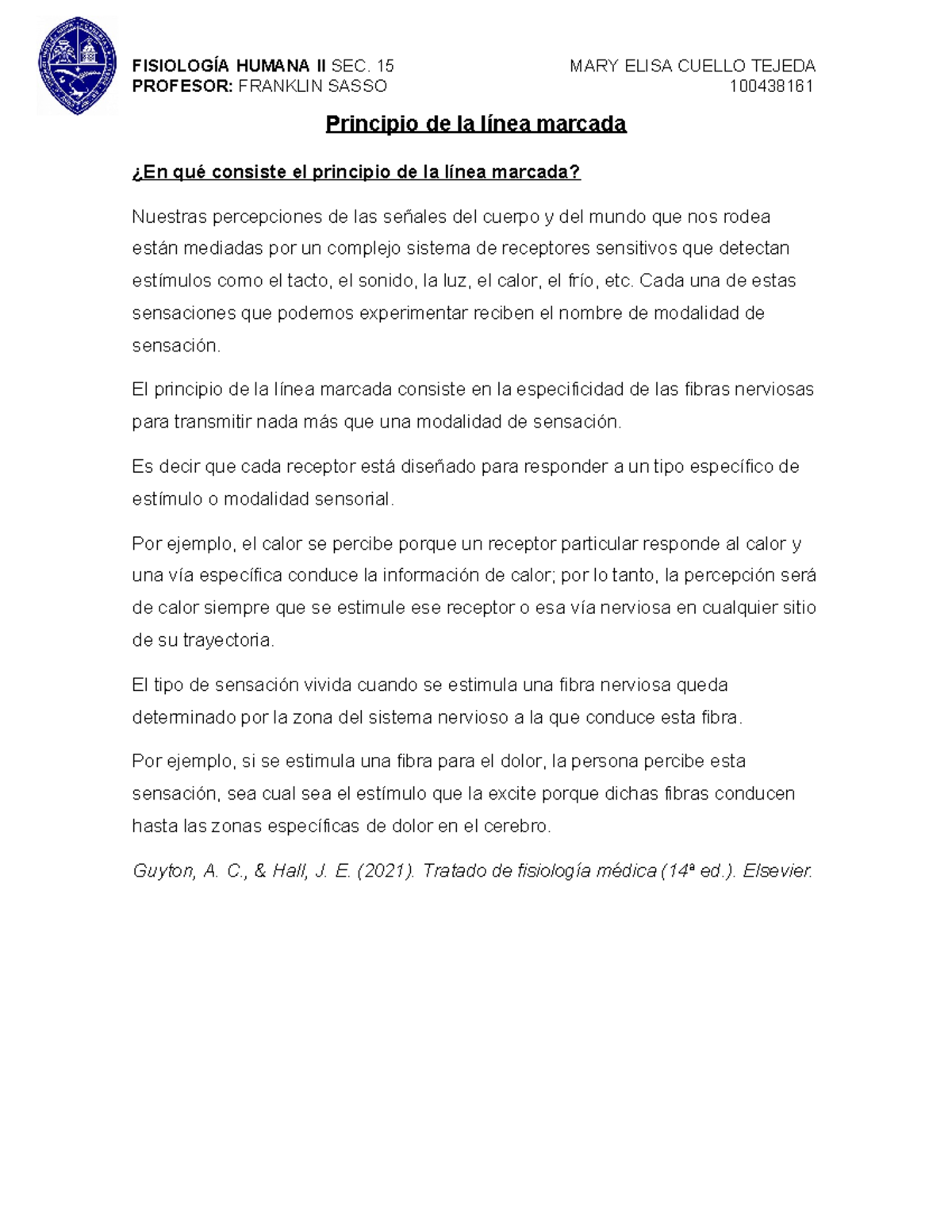 Linea Marcada - tarea - FISIOLOGÍA HUMANA II SEC. 15 MARY ELISA CUELLO ...