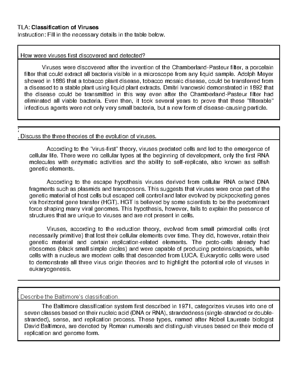 Classification of Viruses - TLA: Classification of Viruses Instruction ...