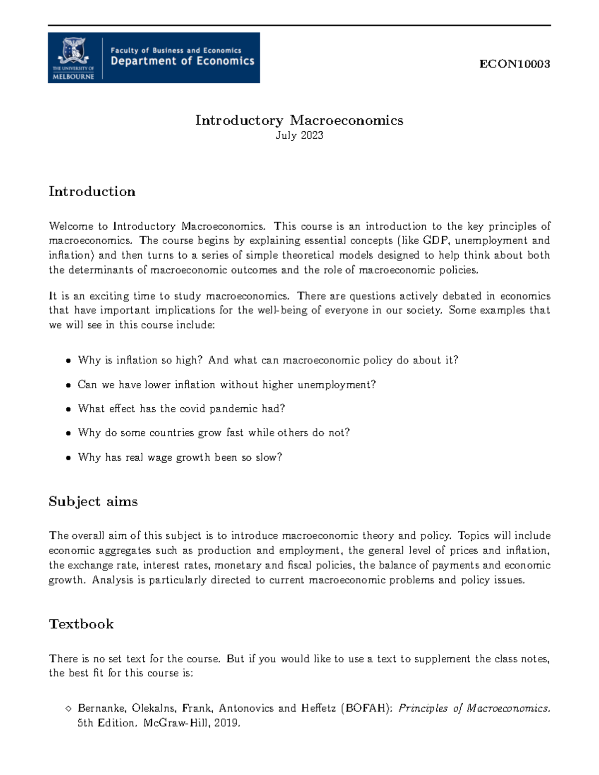Econ10003 syllabus - ECON Introductory Macroeconomics July 2023 Introduction Welcome to ...