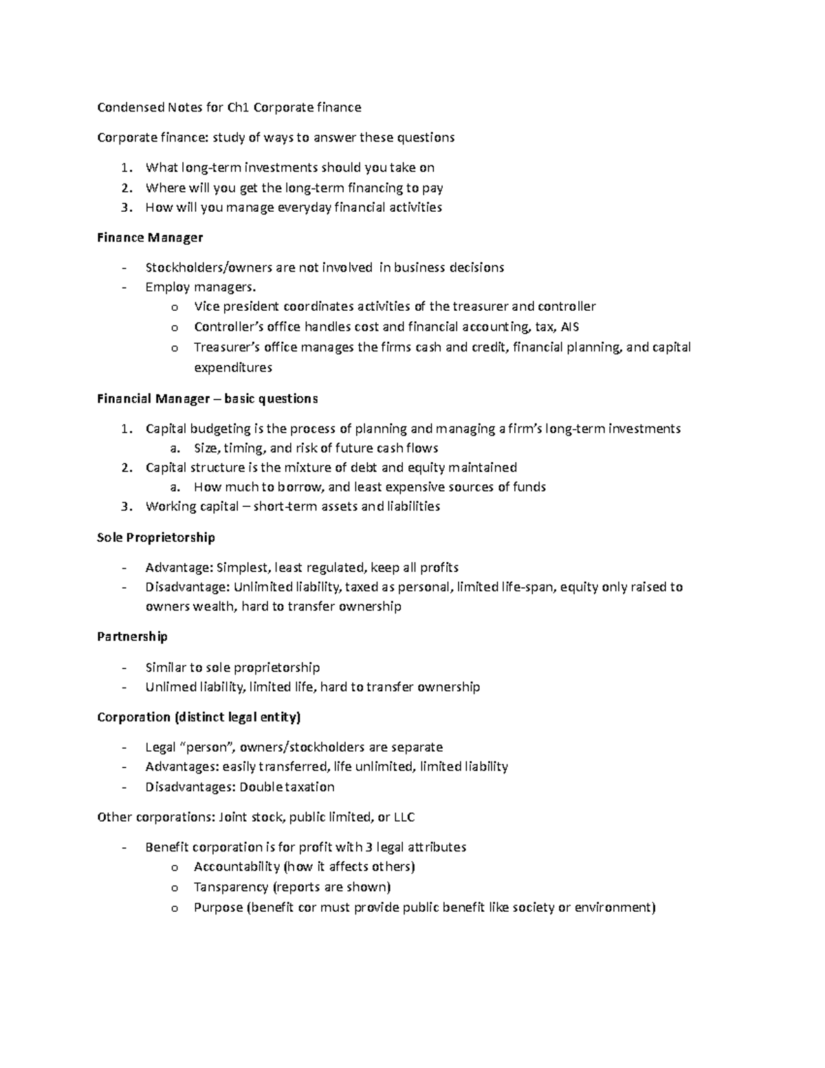 Ch 1 Corporate finance - Condensed Notes for Ch1 Corporate finance ...