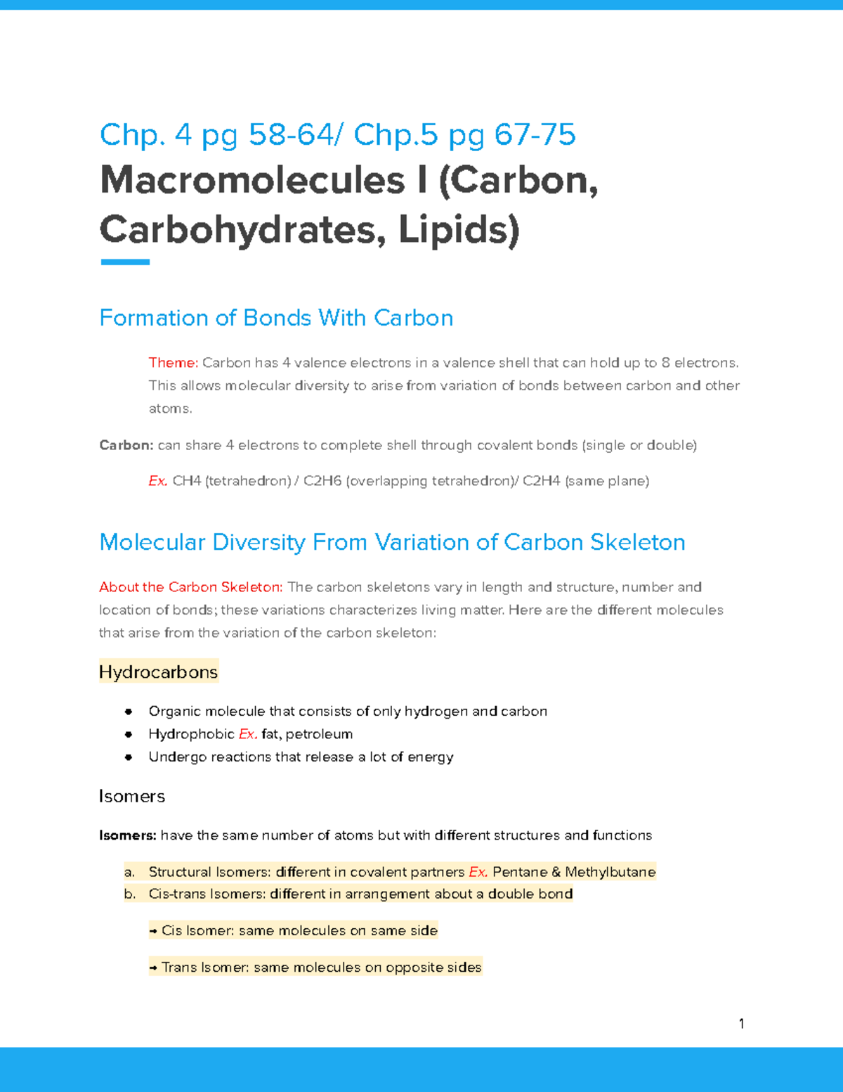 Part 3 of Notes Macromolecules I - Chp. 4 pg 58-64/ Chp pg 67 ...