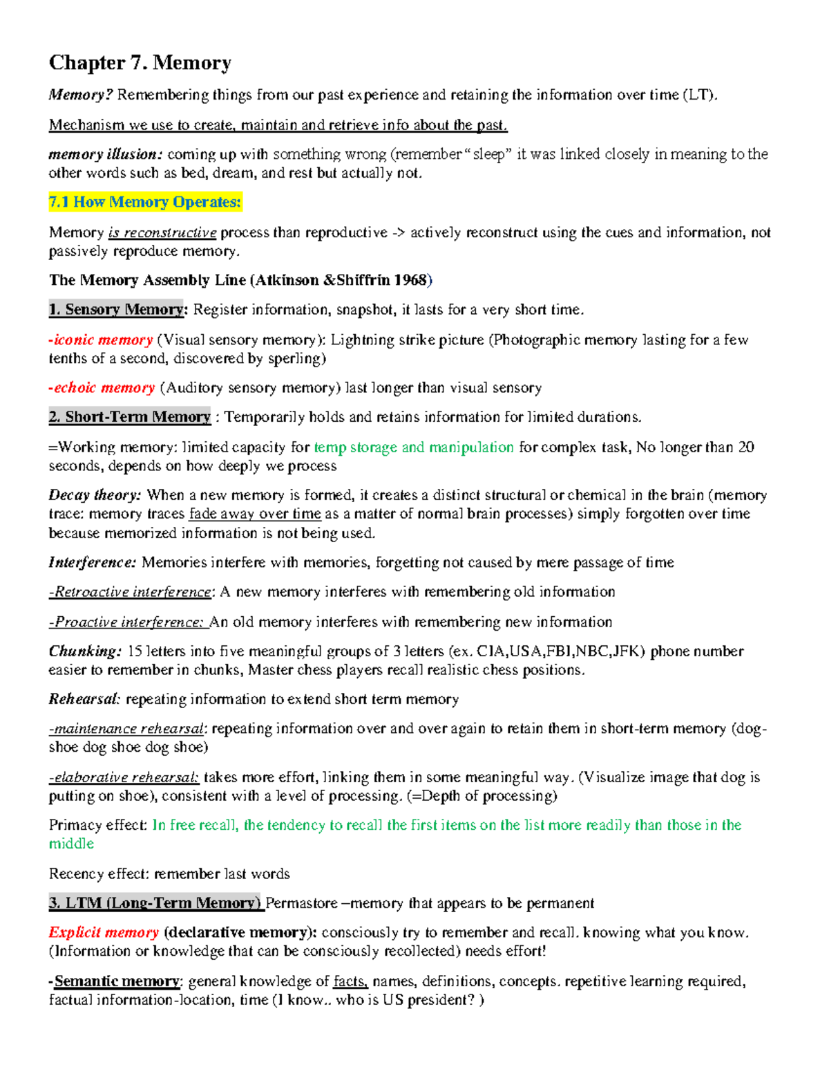 Studyguide Memory - study guide - Chapter 7. Memory Memory? Remembering ...