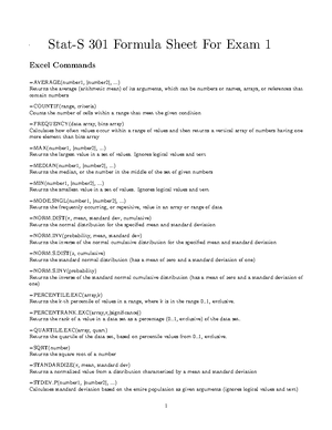 Formula Sheet Exam 2 - Stat-S 301 Formula Sheet Excel Commands =AVERAGE ...