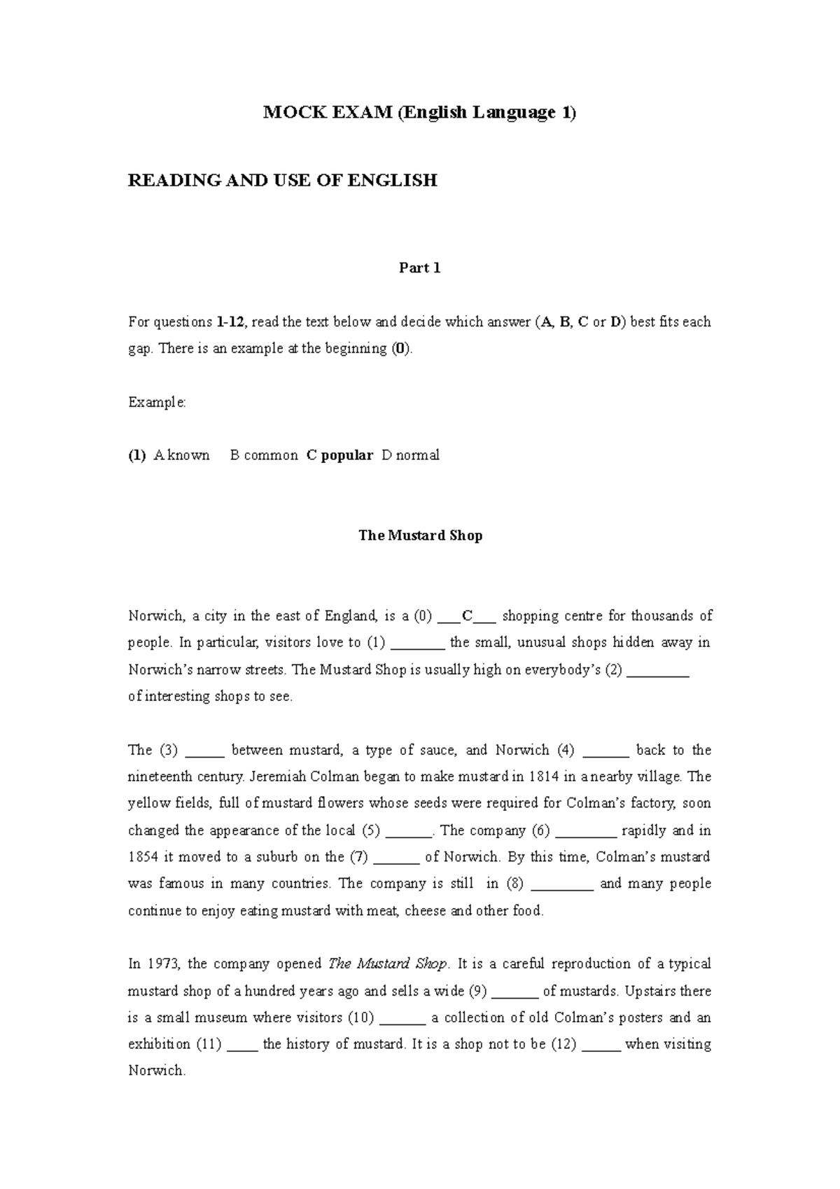 Mock Exam English - Mock Exam - MOCK EXAM (English Language 1) READING ...