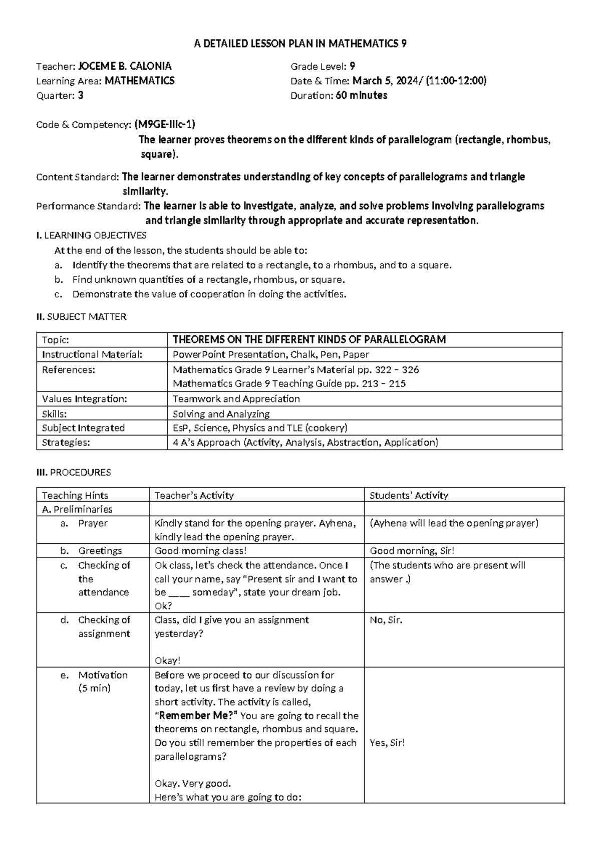 A Detailed Lesson PLAN IN Mathematics 9 for CO 3rd quarter - A DETAILED ...