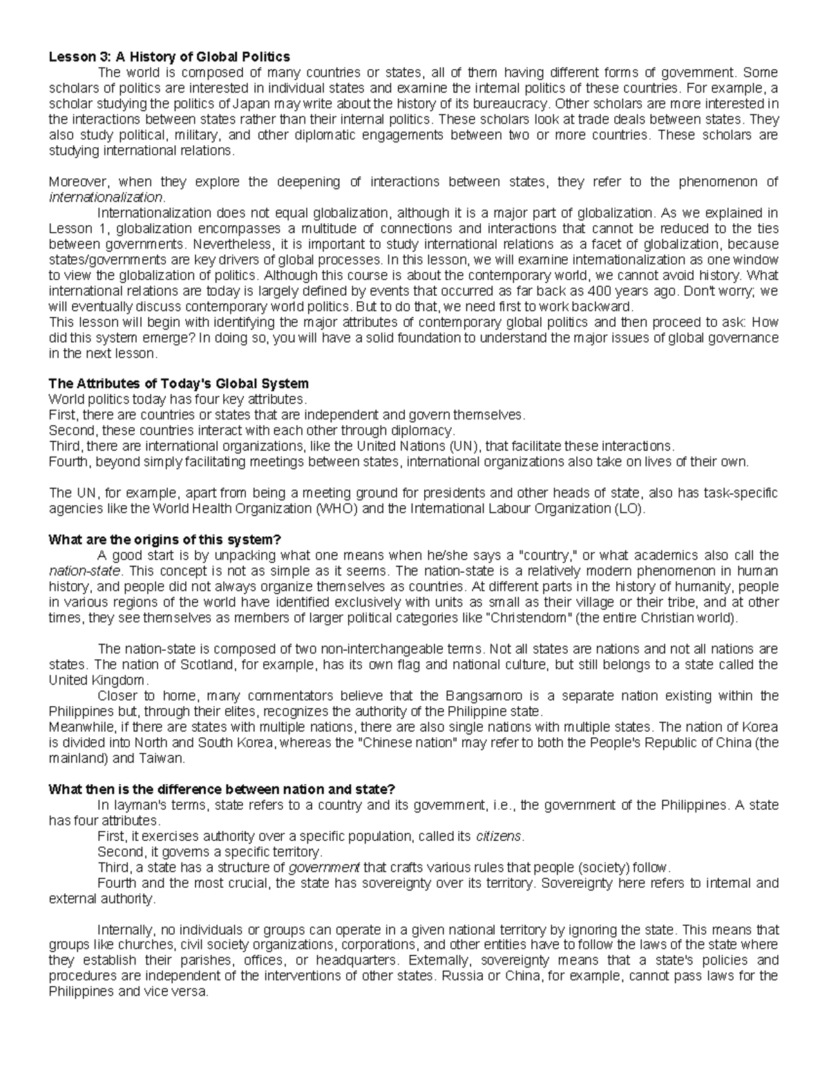 Lesson 3 - notes - Lesson 3: A History of Global Politics The world is ...