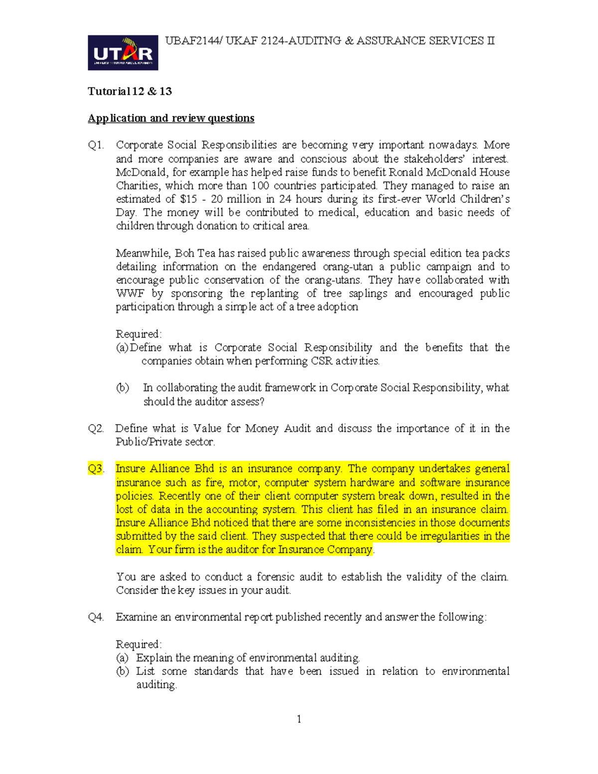 Tutorial 12 13-Other services-questions - UBAF2144/ UKAF 2124-AUDITNG ...