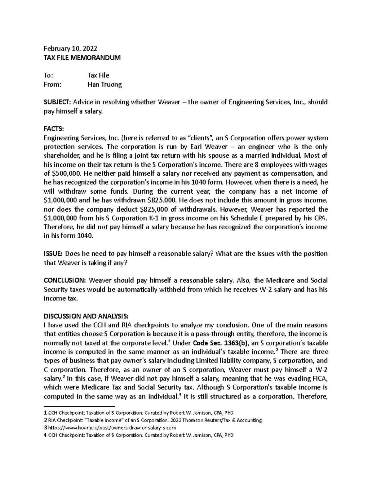 ACCT 408 - TAX FILE Memorandum - February 10, 2022 TAX FILE MEMORANDUM ...