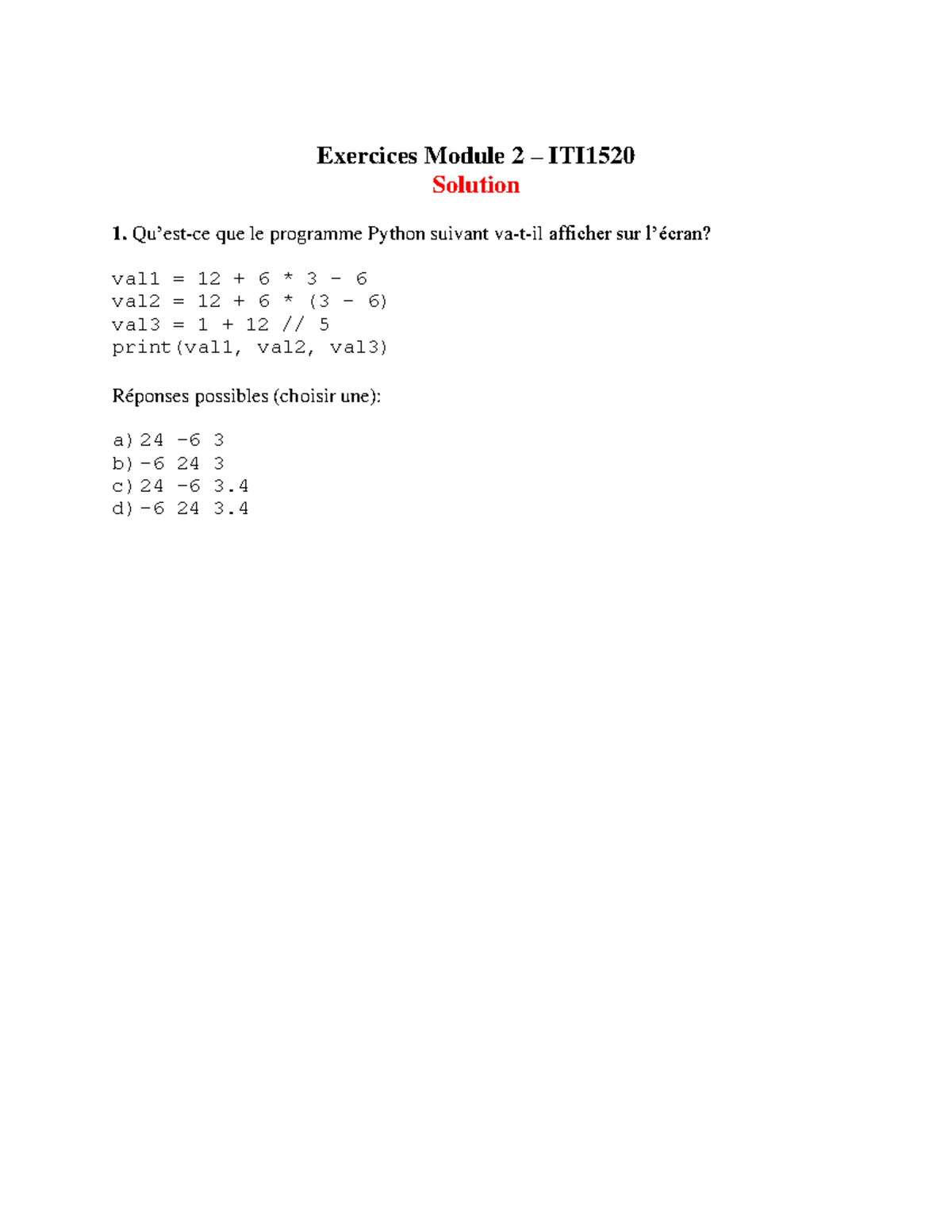 ITI 1520- Exercices 2 solutions - Exercices Module 2 – ITI Solution Qu ...