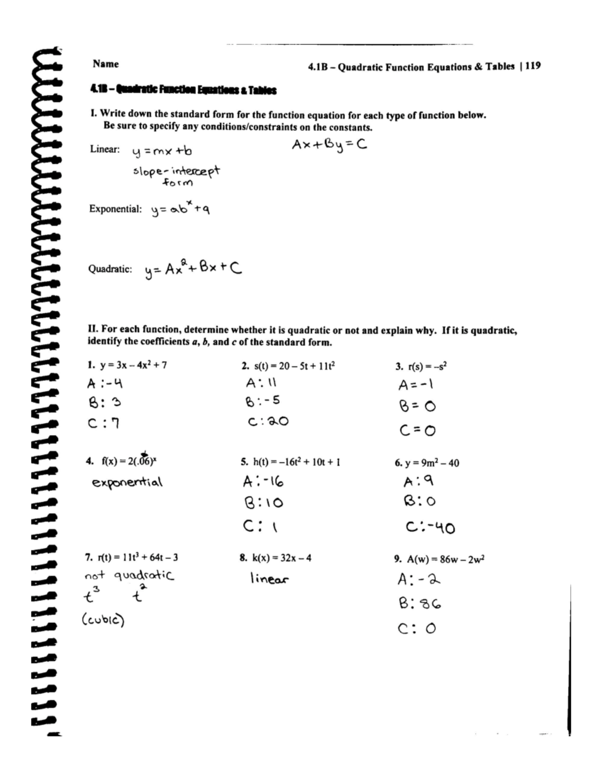4.1B - Quadratic Function Equations & Tables 120 - Math 217 - Studocu
