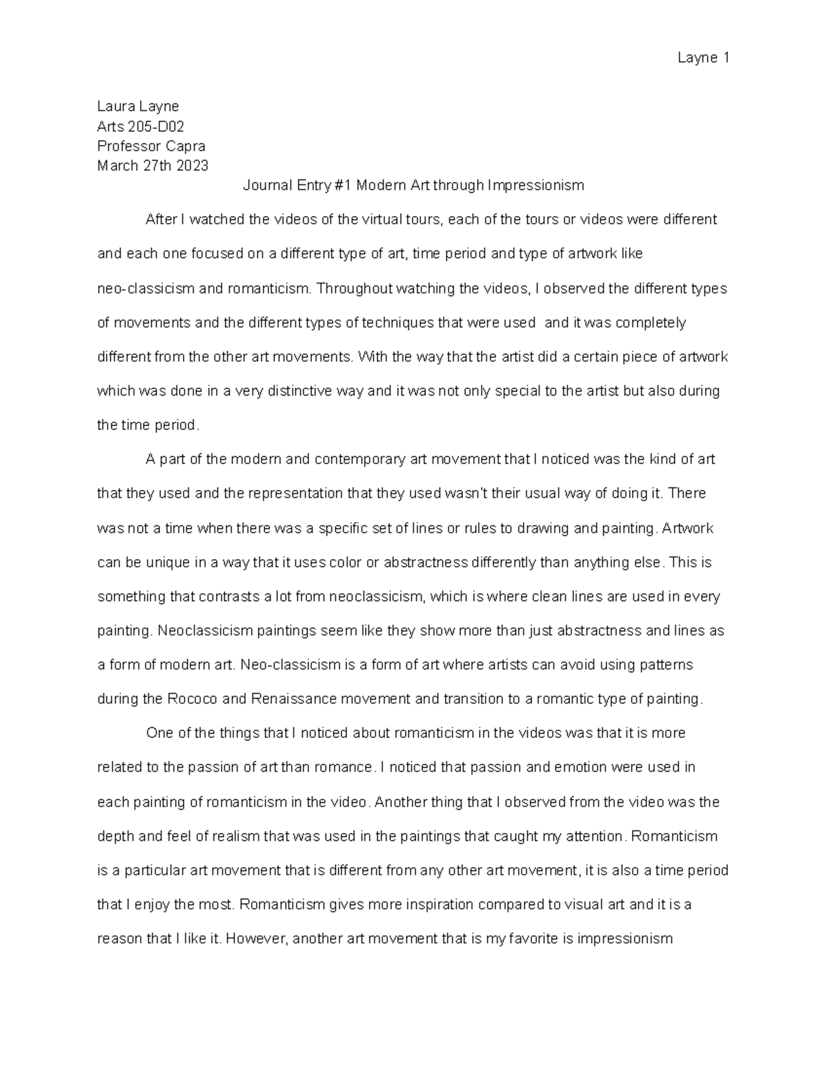 Arts 205 journal entry #1-2 - Layne 1 Laura Layne Arts 205-D Professor ...