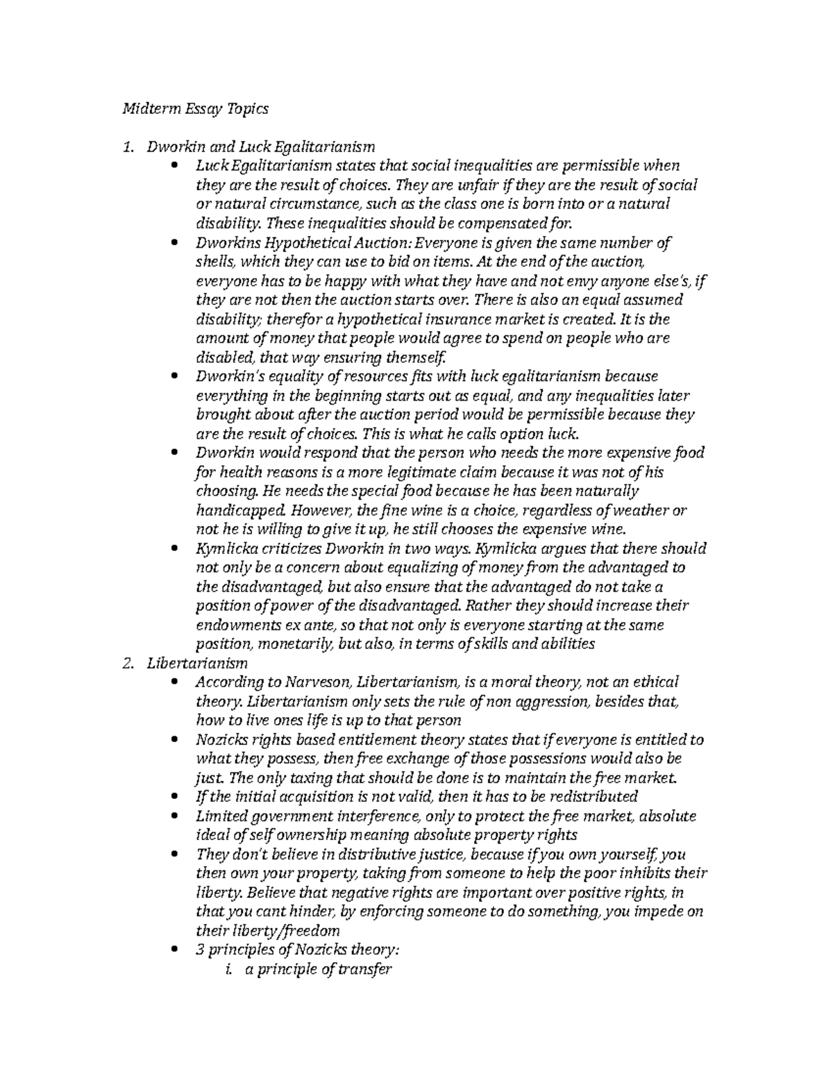 MIdterm Essay Questions Review - Midterm Essay Topics Dworkin and Luck ...