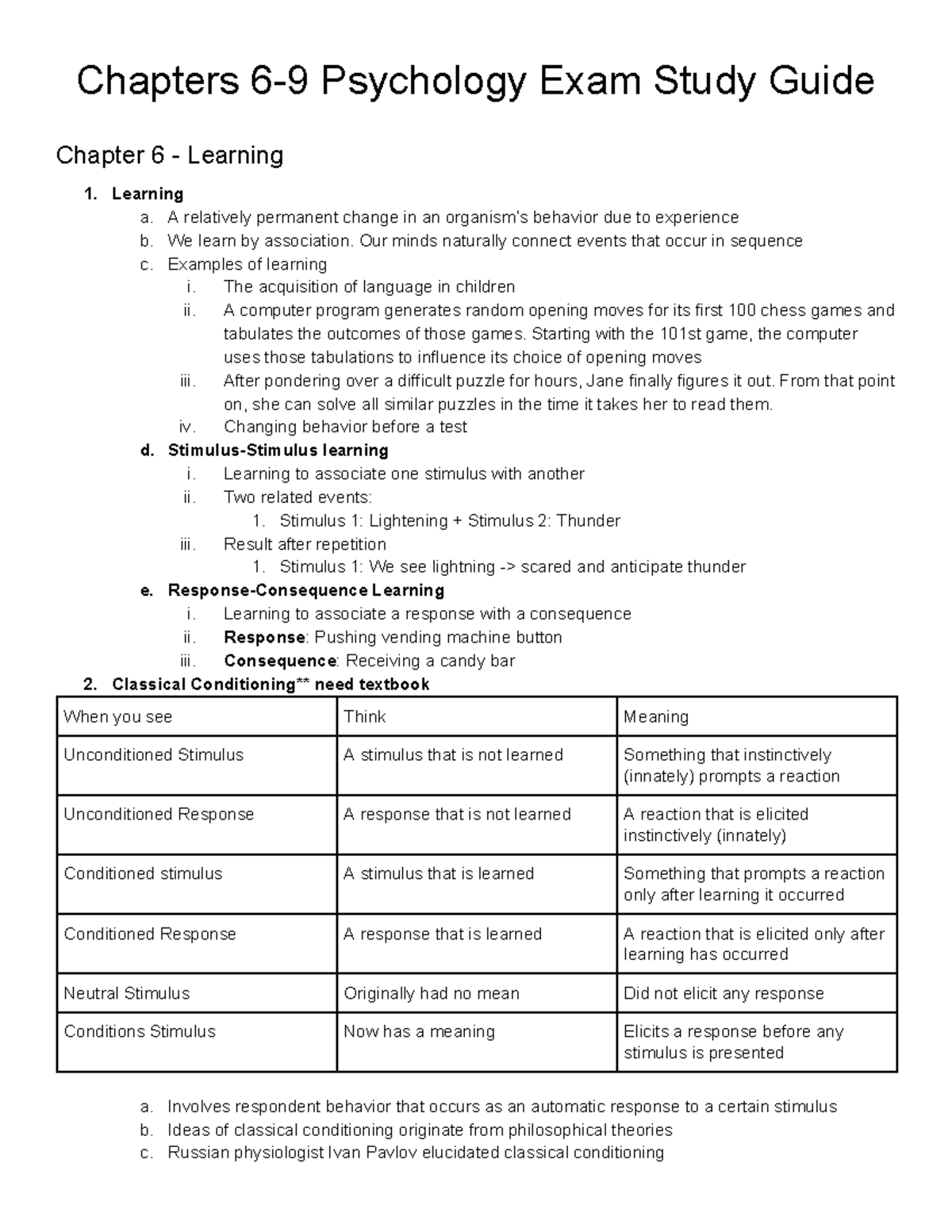 Chapters 6-9 Psychology Exam Study Guide - A relatively permanent ...