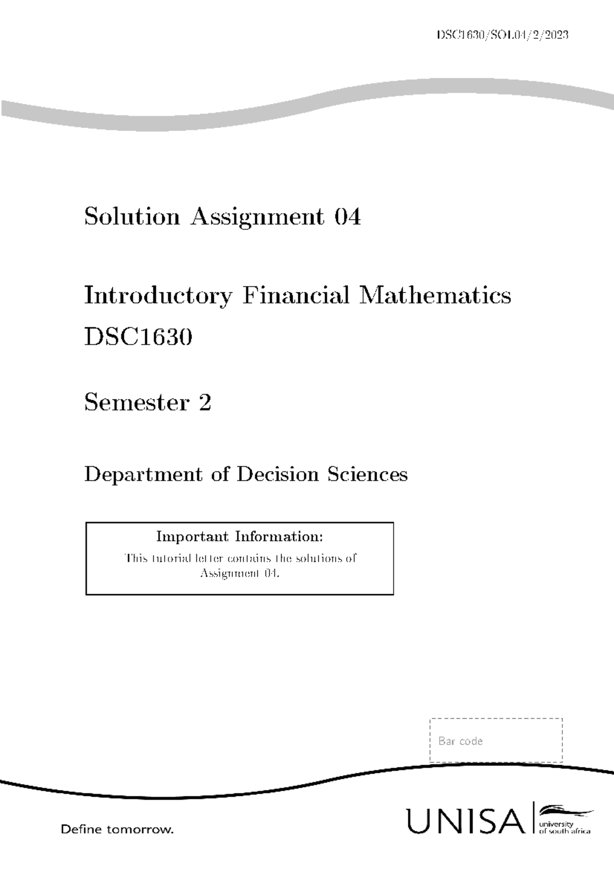 DSC1630 2023 TL SOL04 2 E - Solution Assignment 04 Introductory Financial Mathematics DSC ...