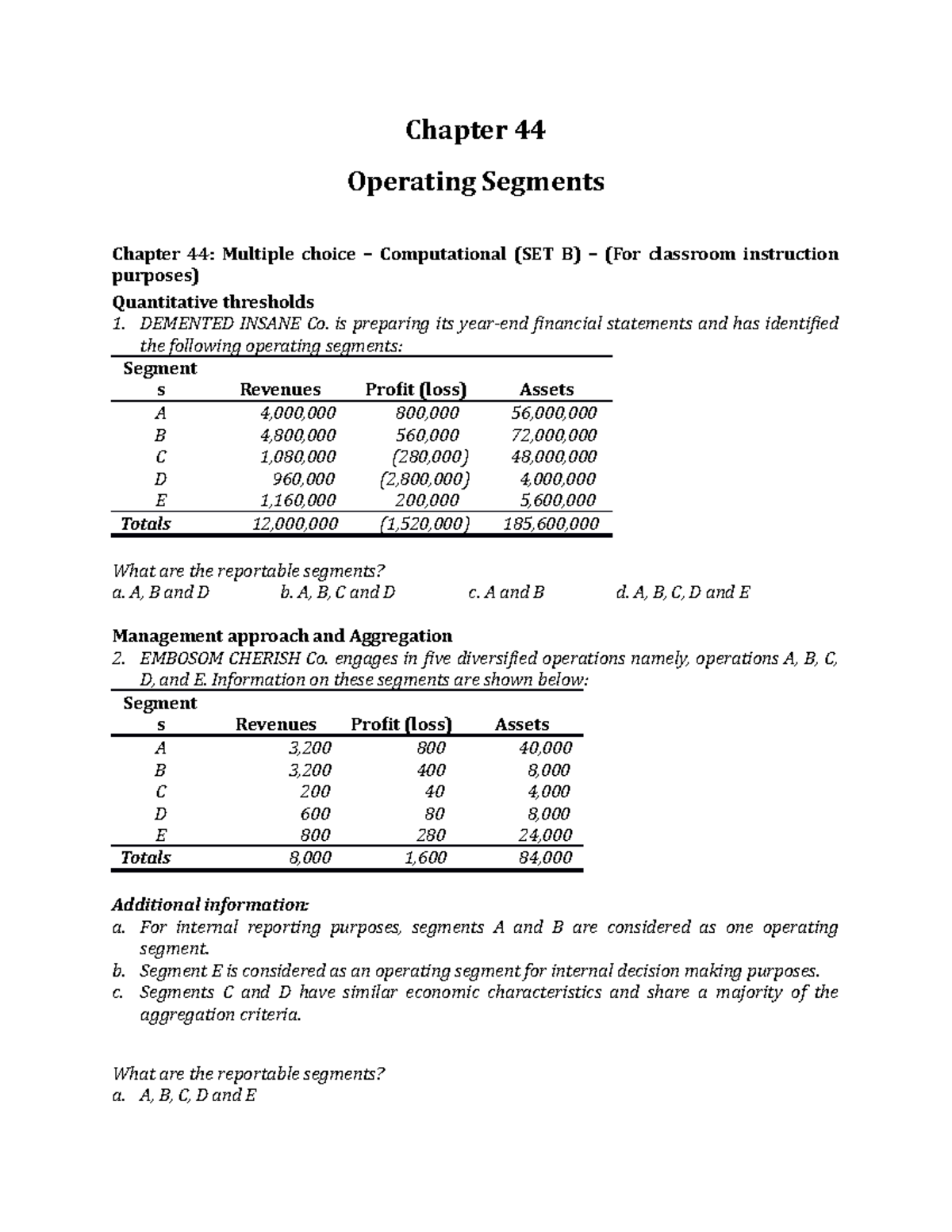 Chapter 44 - operating segments - Chapter 44 Operating Segments Chapter 44: Multiple choice ...