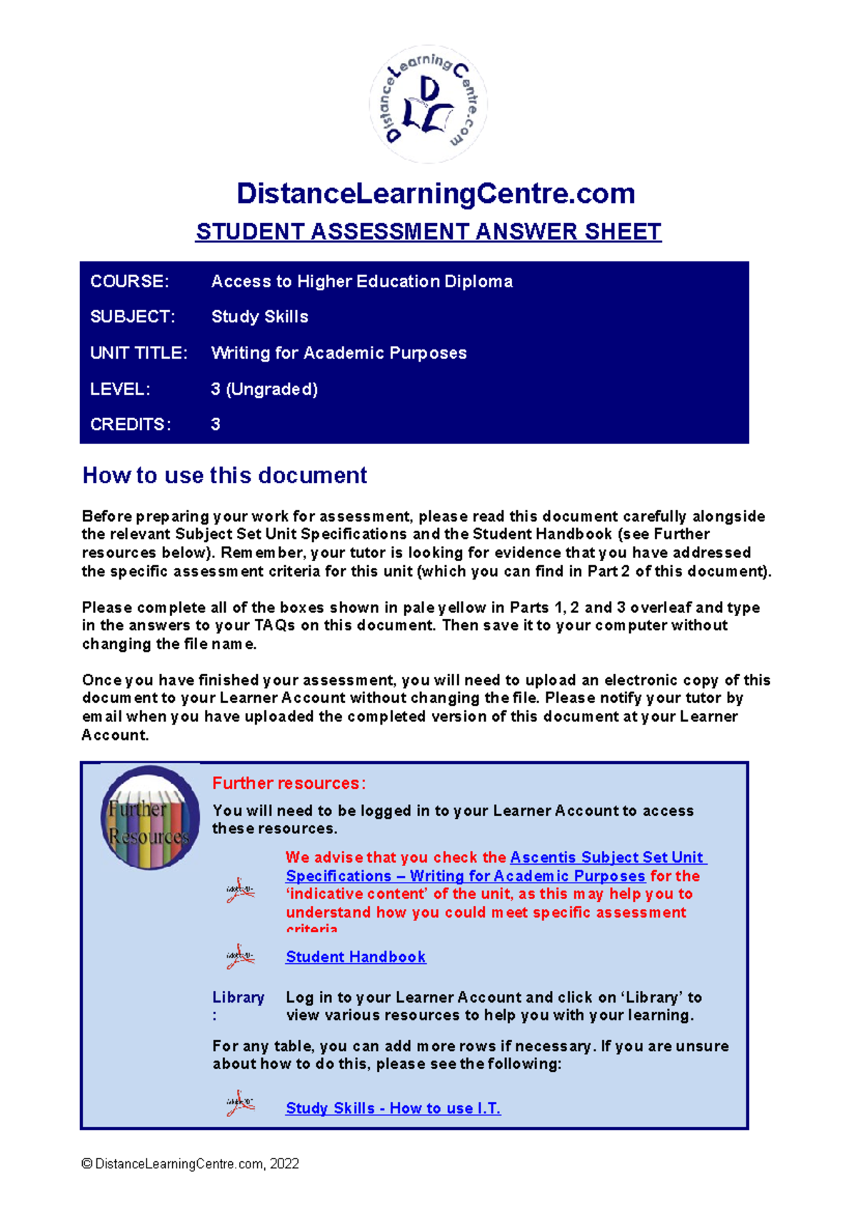 Writing TAQ Answer Sheet - “DistanceLearningCentre STUDENT ASSESSMENT ...