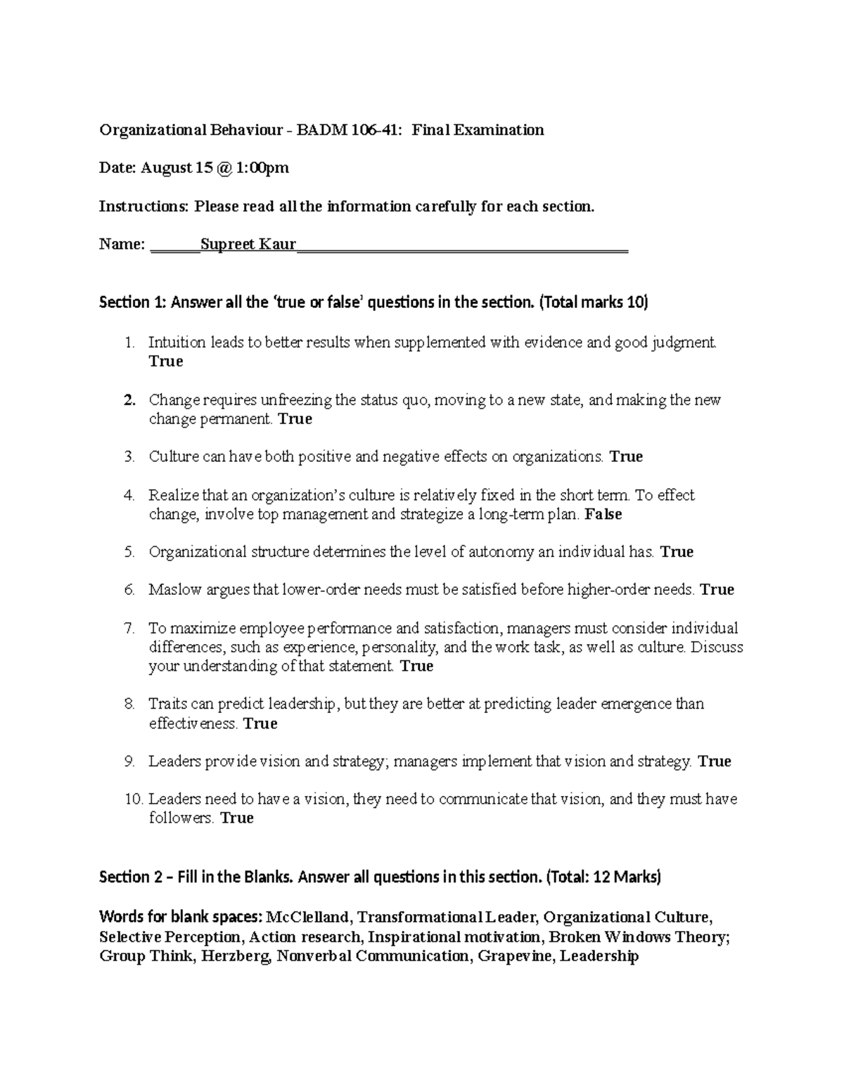 Answer sheet of Final Examination - Organizationa Behaviour - Organizational Behaviour - BADM ...