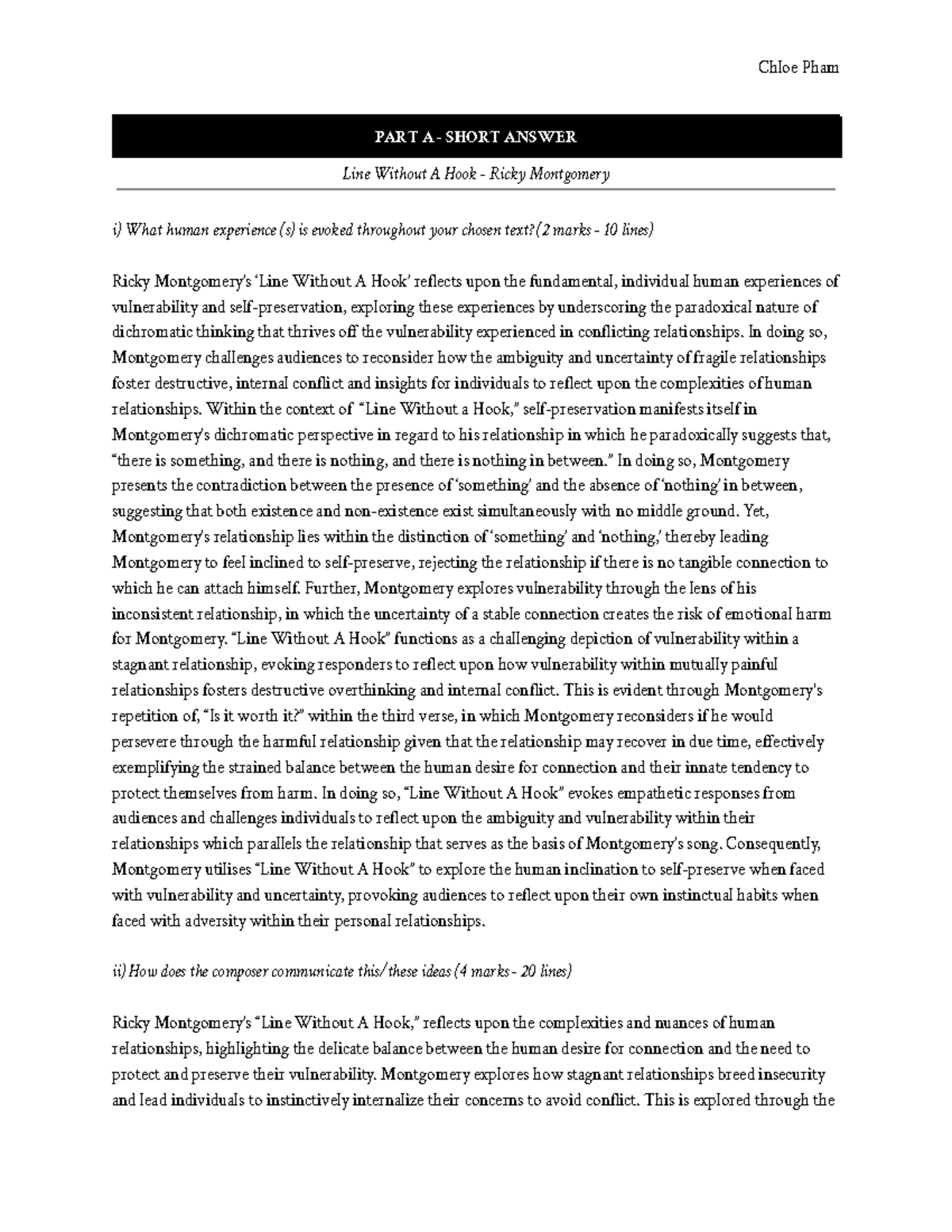 Short Answer Human Experiences - Related Text - Chloe Pham PART A ...