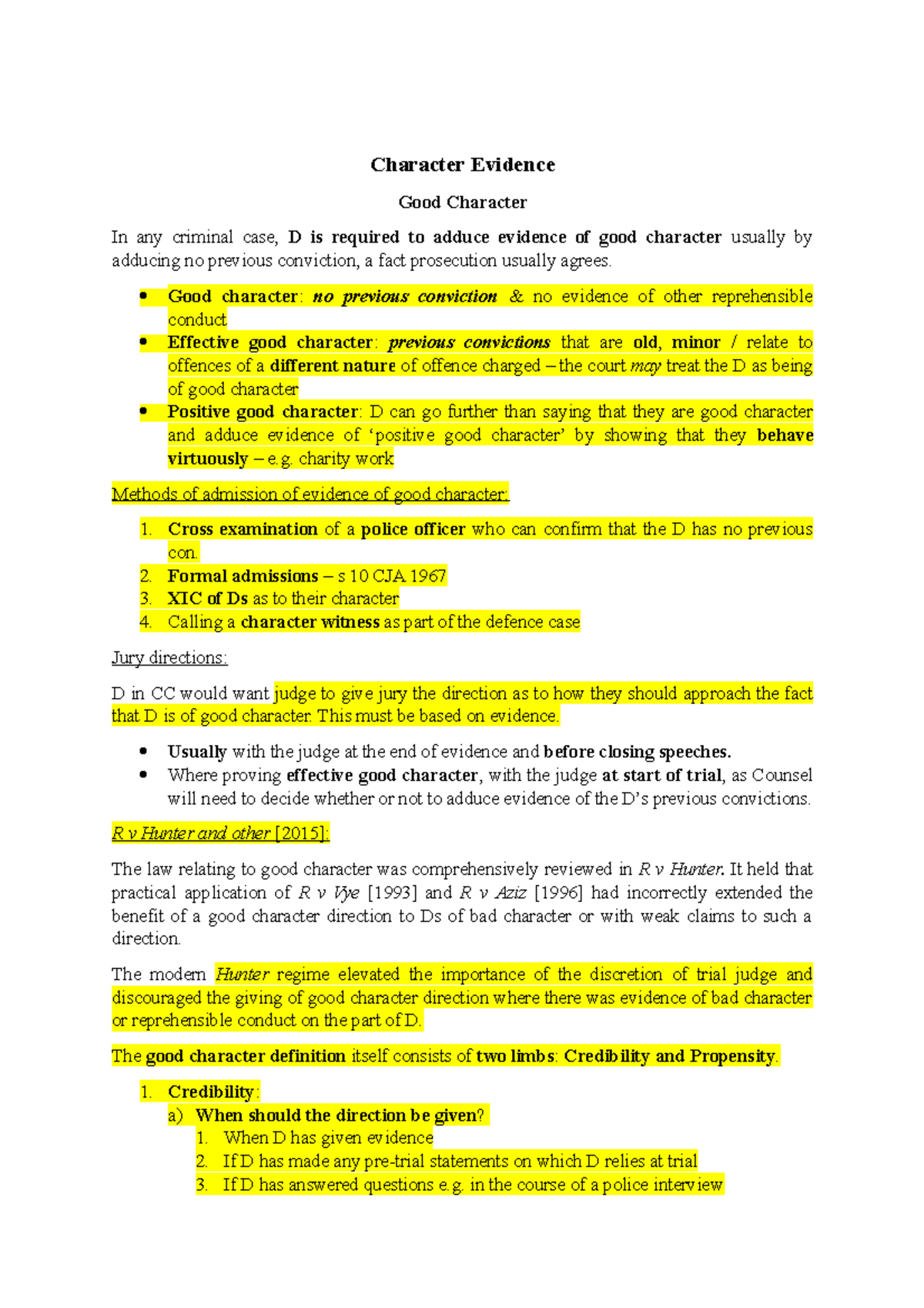 Workshop 12 Notes - Character Evidence - Character Evidence Good ...