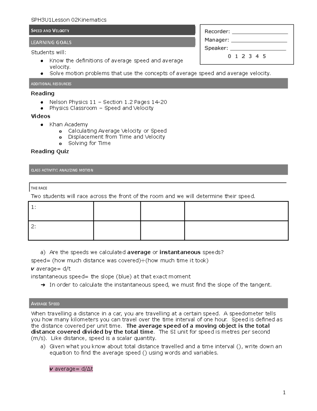 Lesson 2 - Speed and Velocity - Google Docs - S PEED AND V ELOCITY ...