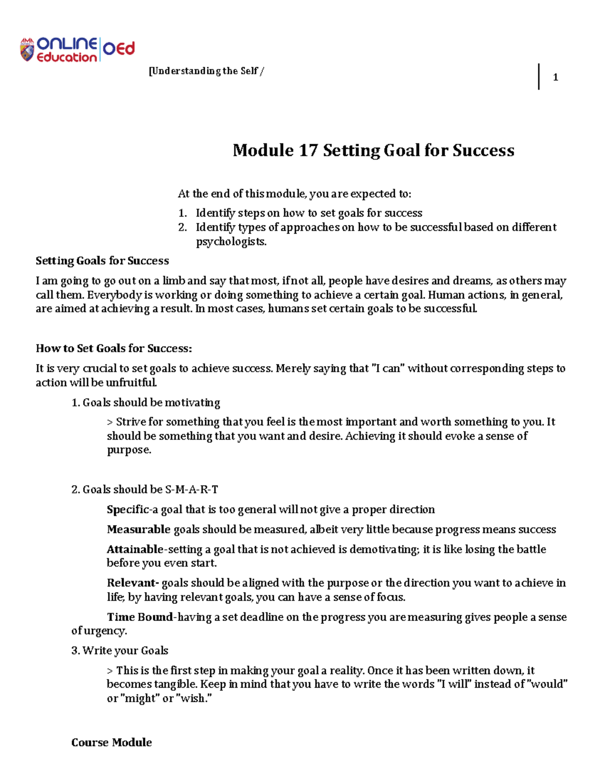 Setting Success - [Understanding the Self / 1 Course Module Module 17 ...