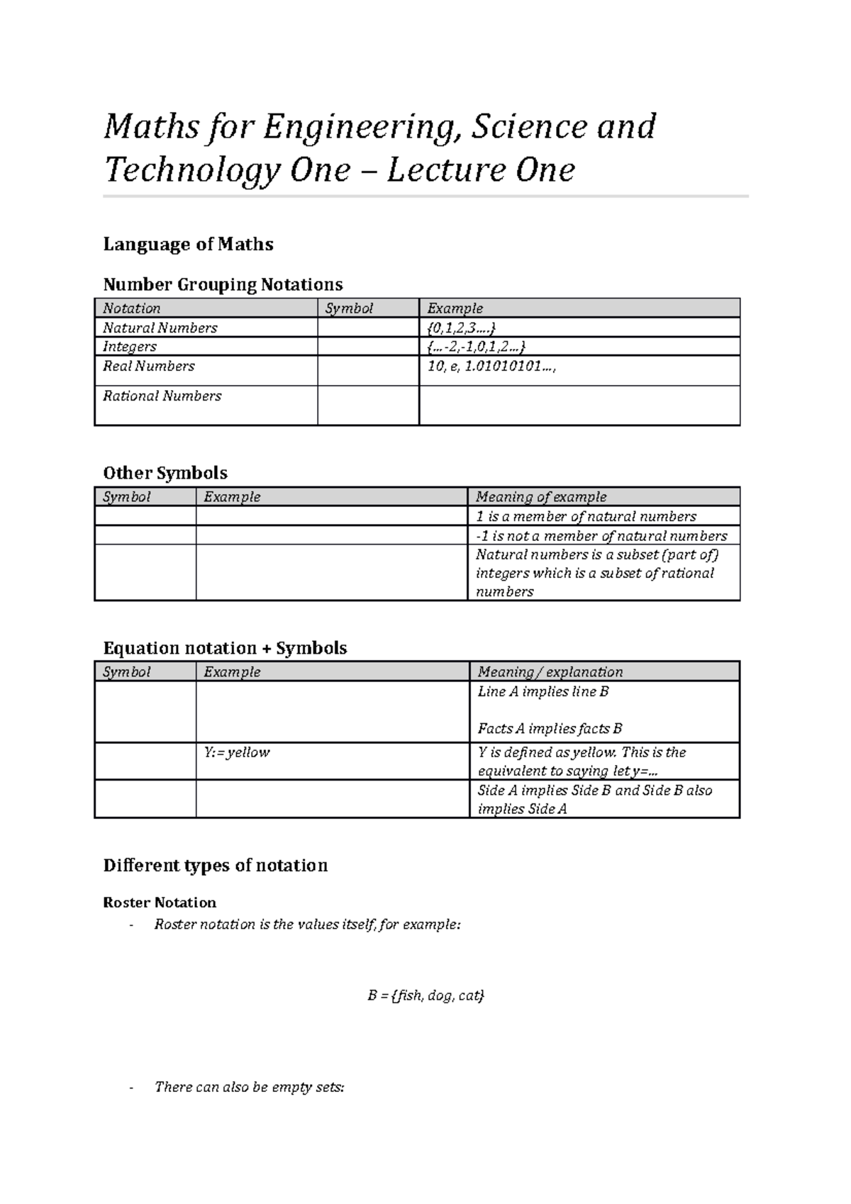MATH1110 L01 Notes - Maths for Engineering, Science and Technology One ...