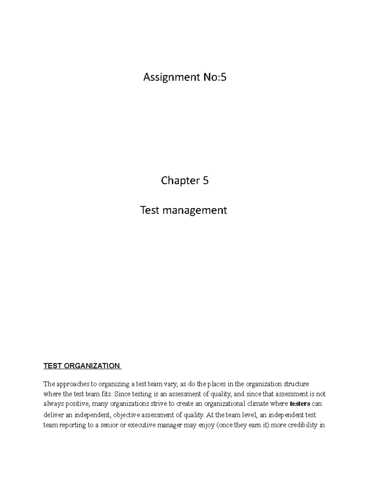 Assignment No 5 - Tutorial - Assignment No:5 Chapter 5 Test management ...