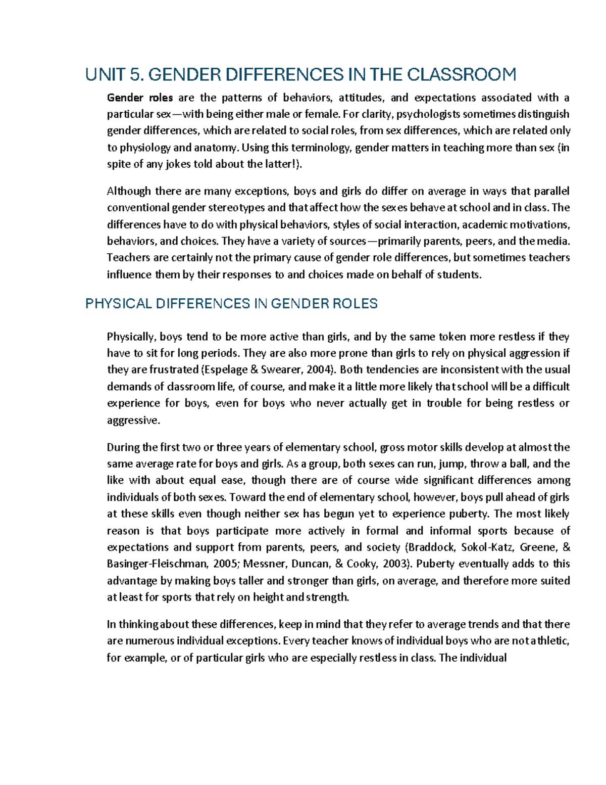 Lecture midterm gender - UNIT 5. GENDER DIFFERENCES IN THE CLASSROOM ...