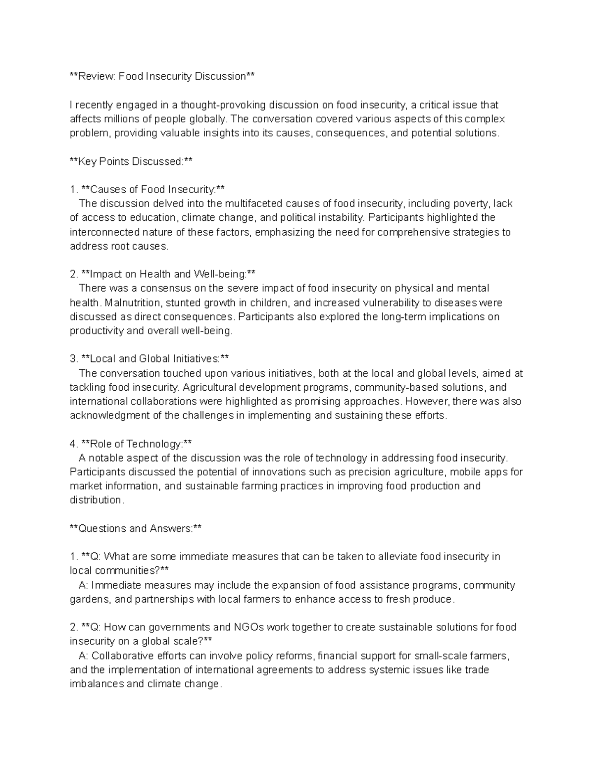 Food Insecurity_Reviewer - Review: Food Insecurity Discussion I ...