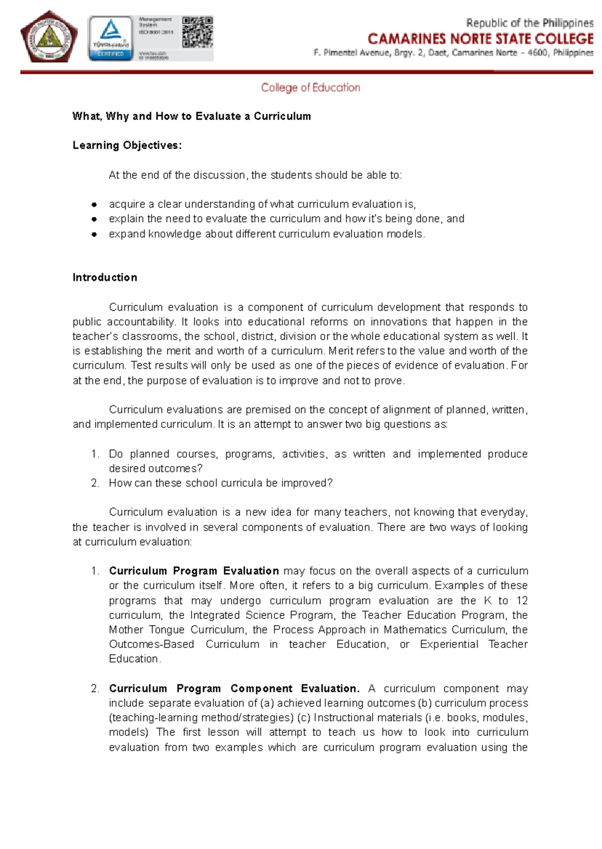 Curriculum Evaluation and the Teacher (Lesson 1 - LM) - What, Why and ...