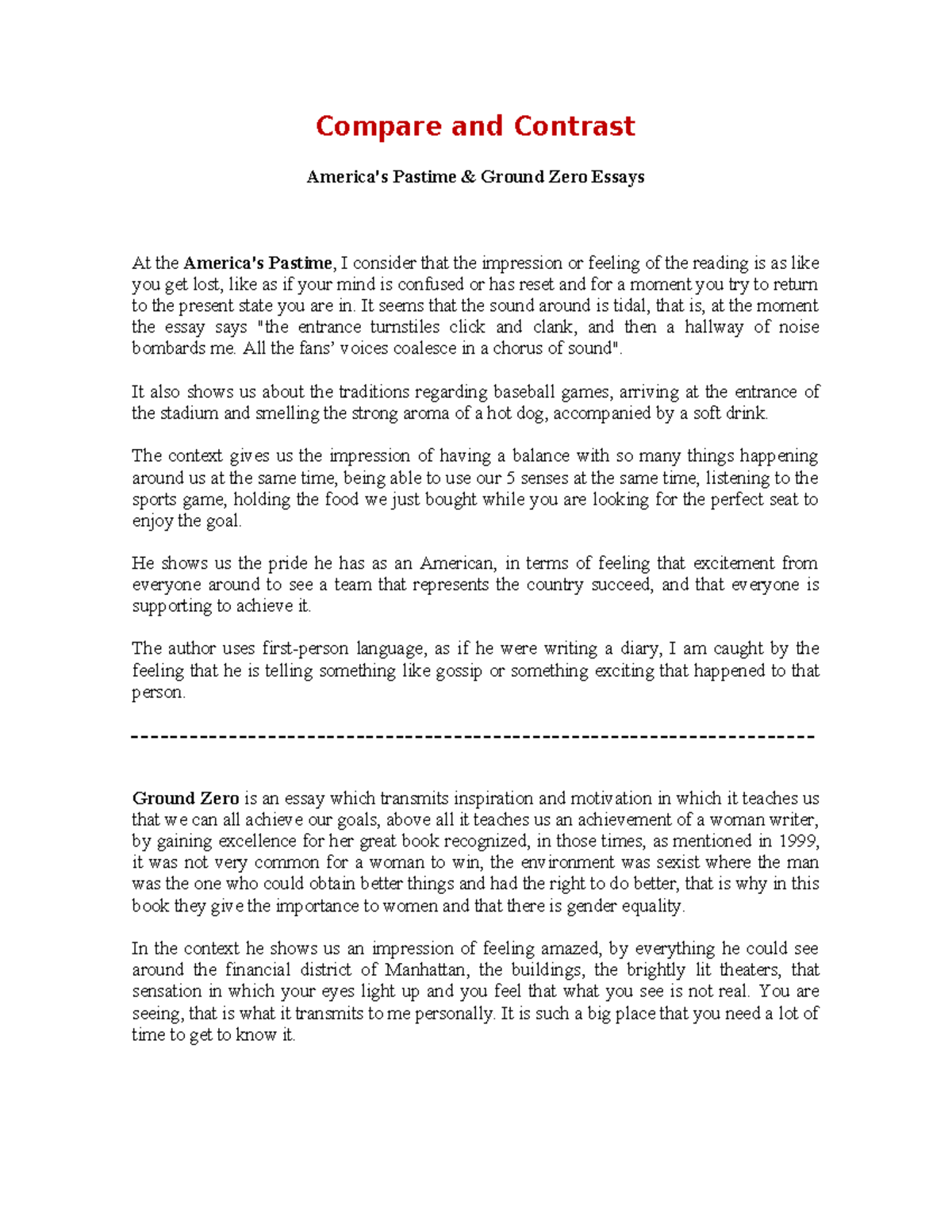 Compare and Contrast - Compare and Contrast America's Pastime & Ground ...