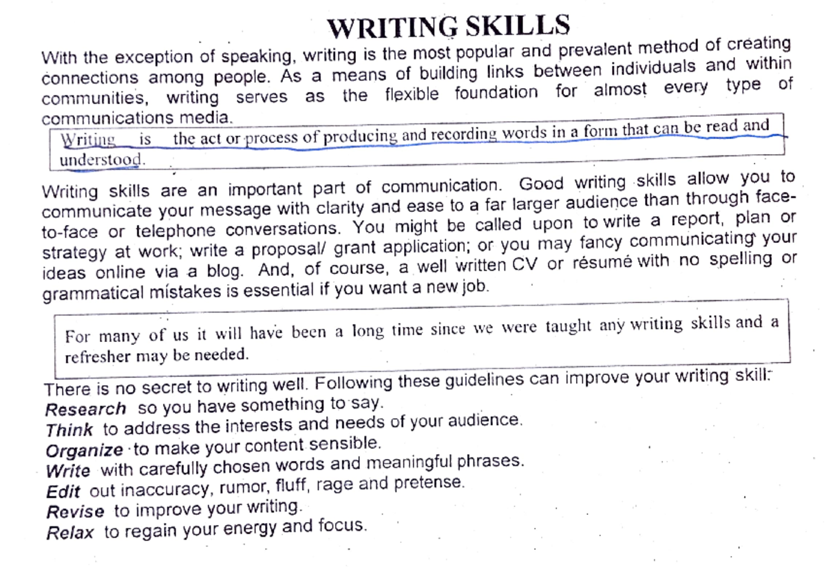 Writing Skills - WRITING SKILLS ####### With the exception of speaking ...