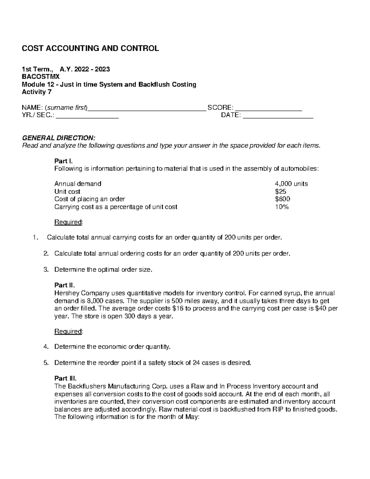 Cost Accounting - COST ACCOUNTING AND CONTROL 1st Term., A. 2022 - 2023 ...