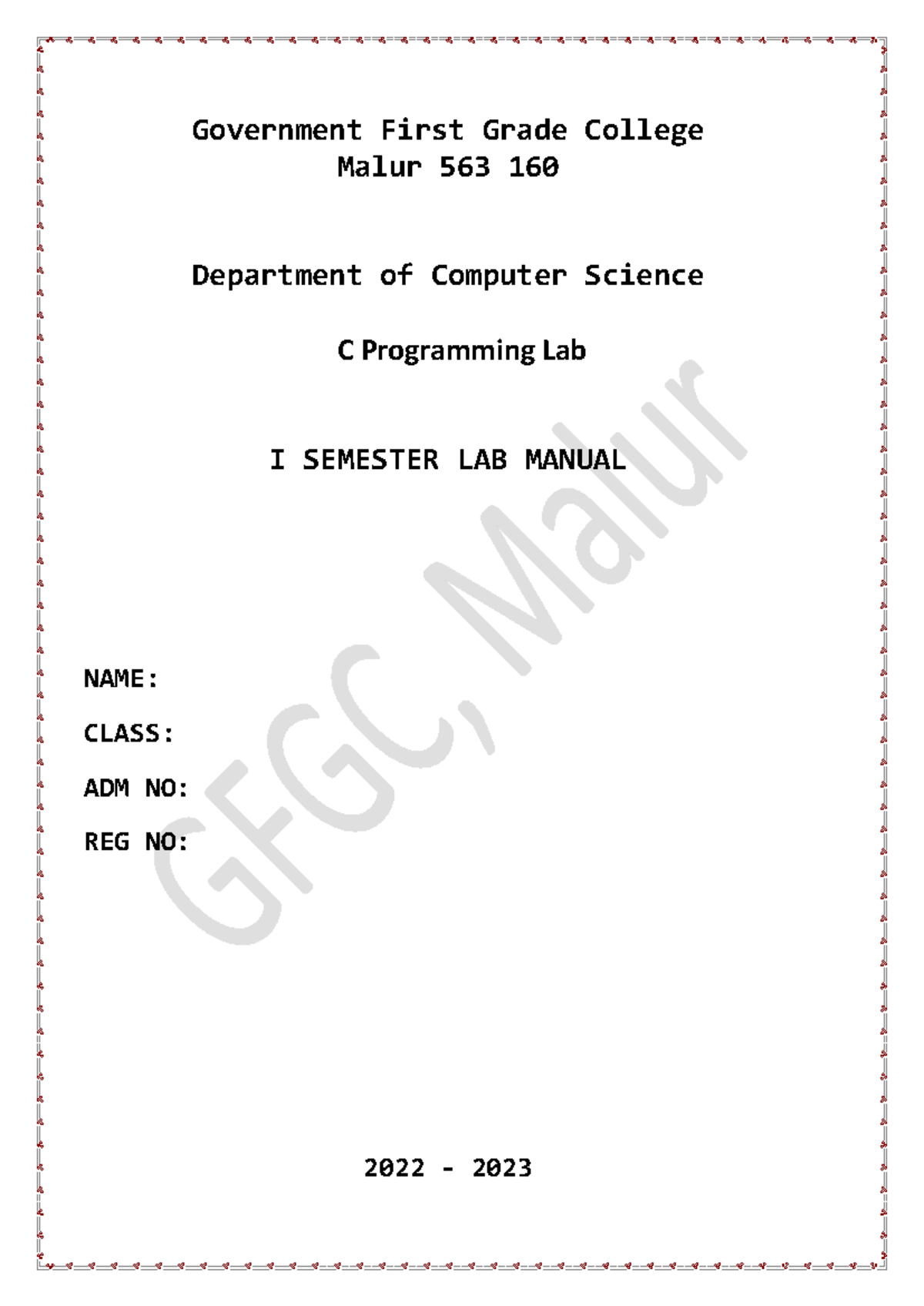 Lab Manual C Lab Government First Grade College Malur 563 160 Department Of Computer Science