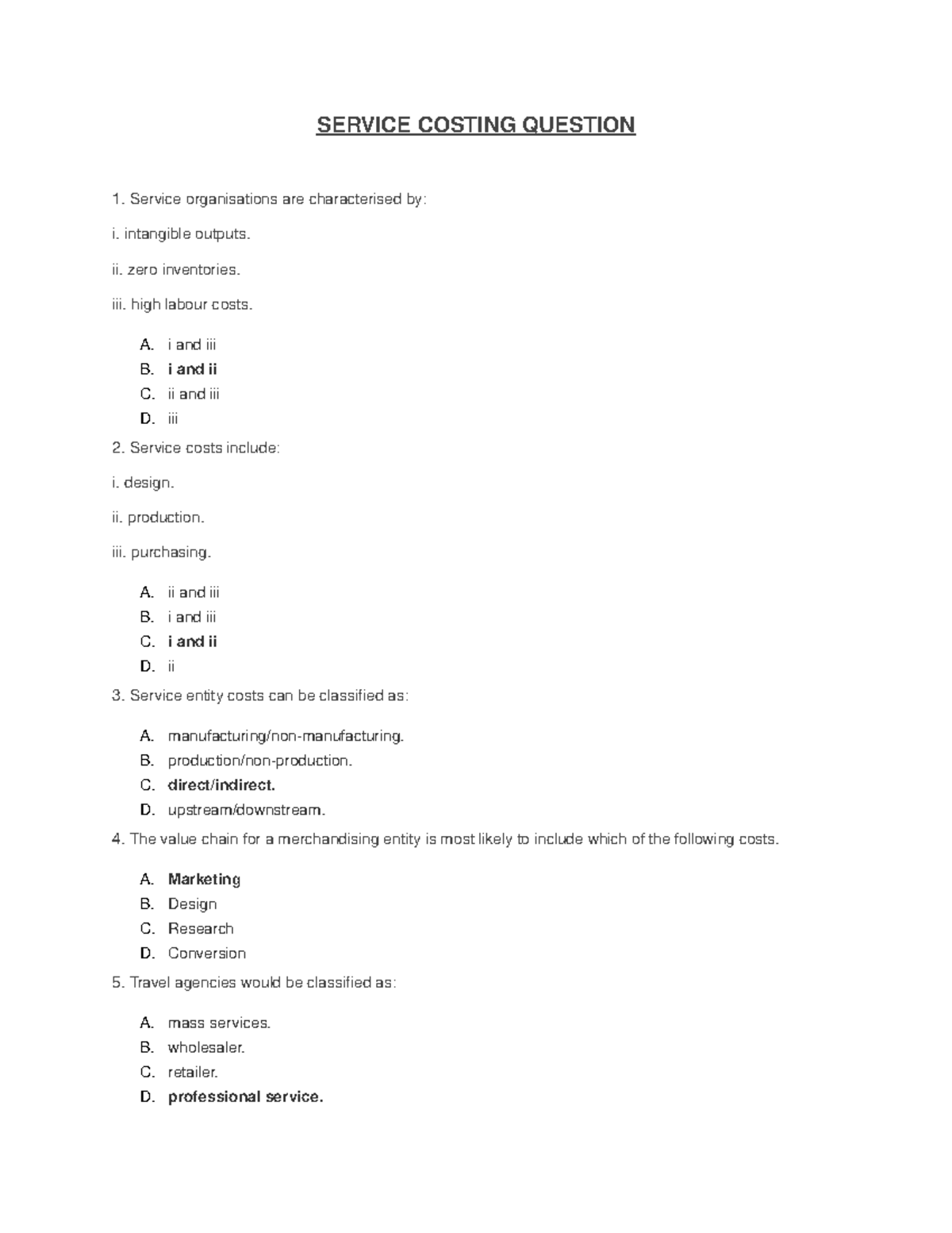 Service Costing Question - SERVICE COSTING QUESTION Service ...