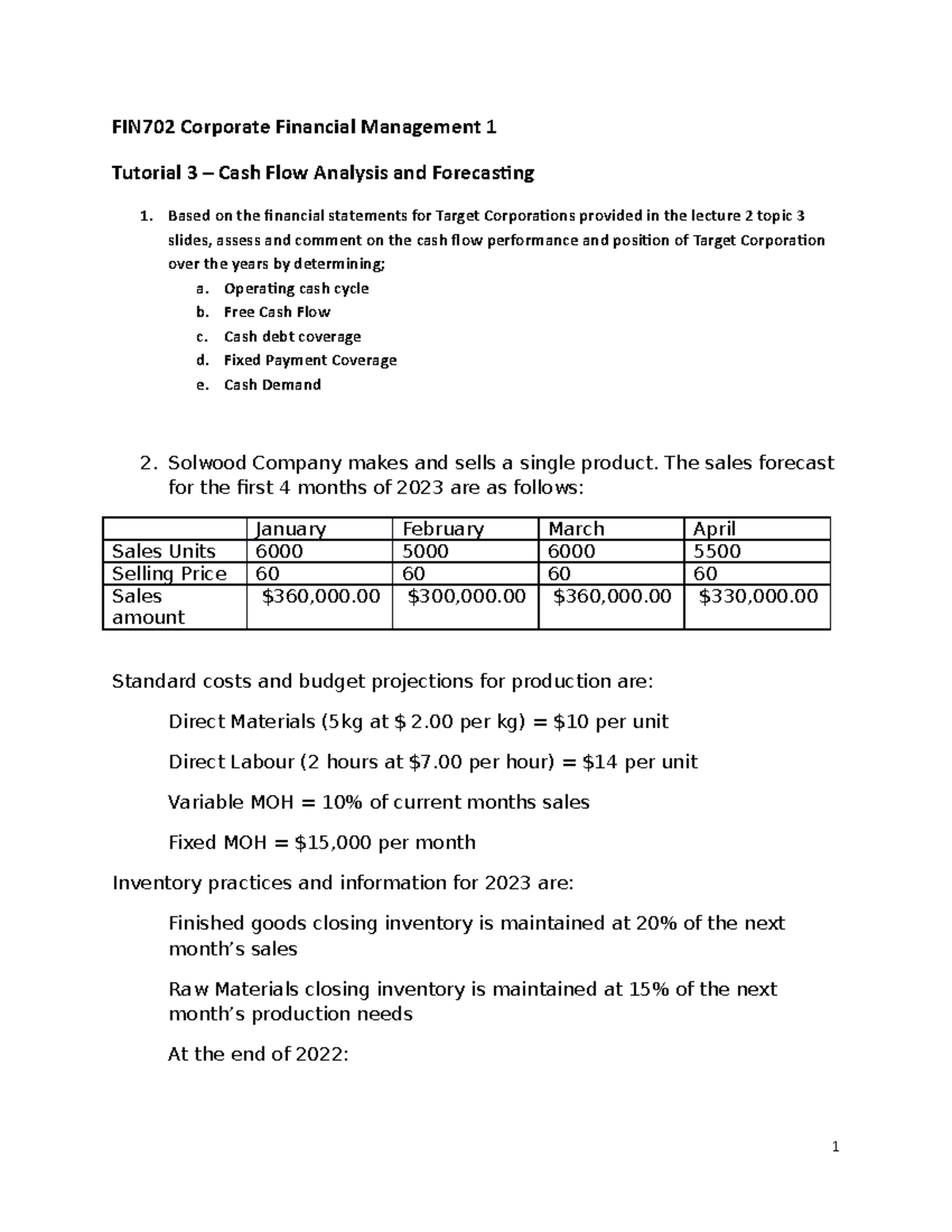 Tutorial 3 - FIN702 Corporate Financial Management 1 Tutorial 3 – Cash ...