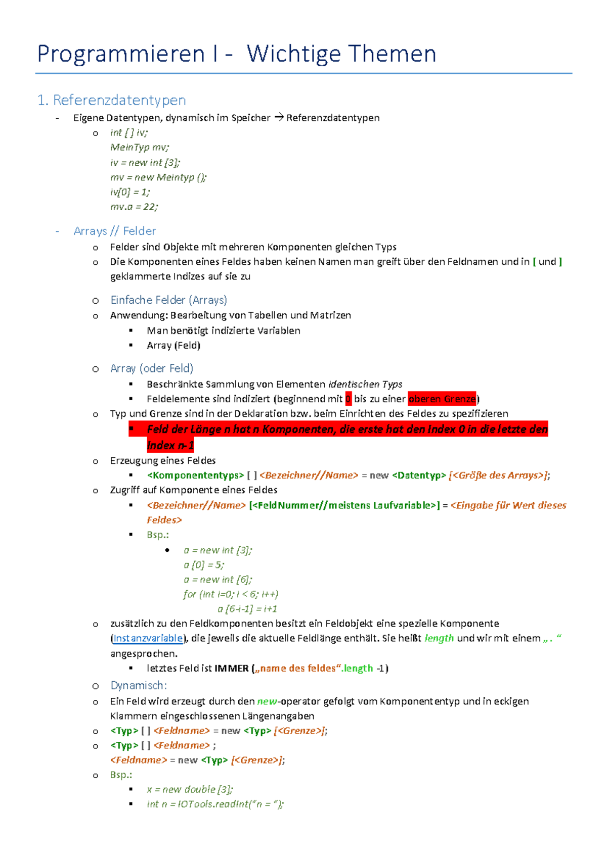 ZSF Abschlussklausur NB - Programmieren I Wichtige Themen 1. Referenzdatentypen Eigene ...