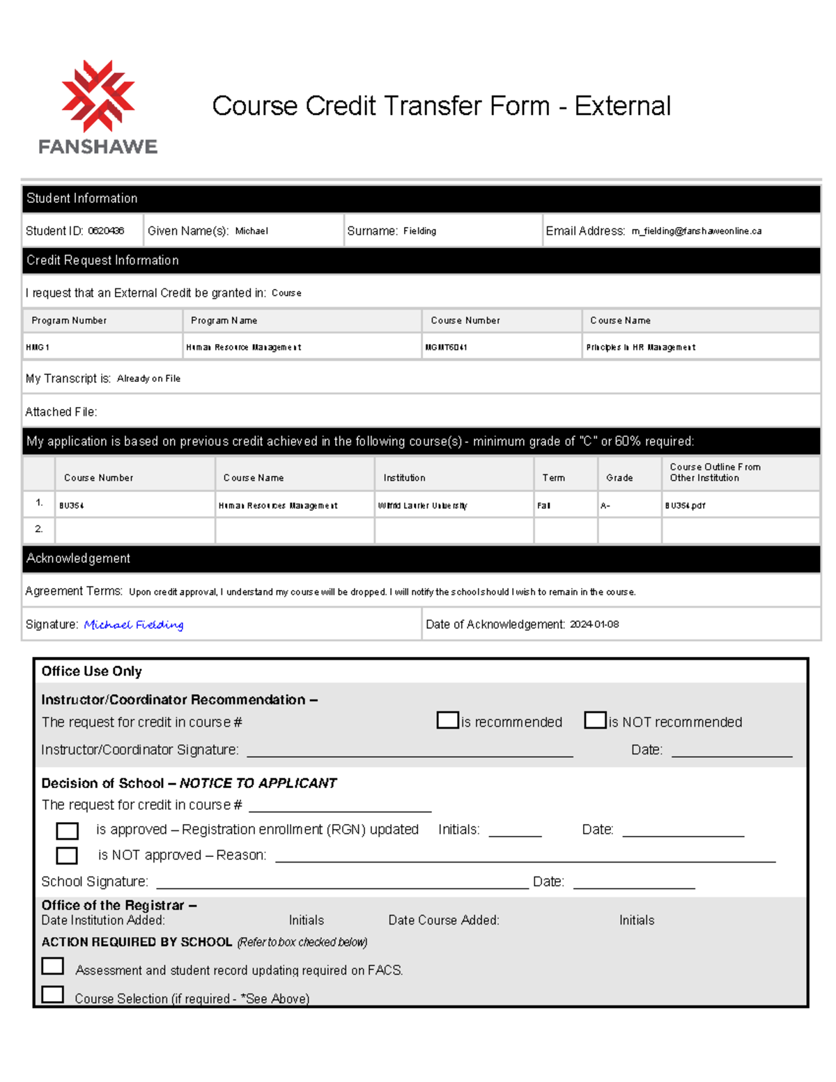 One of first example assignments - Course Credit Transfer Form ...