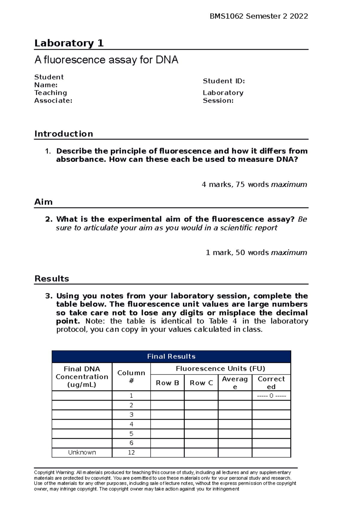 Lab1 Post-Laboratory Worksheet BMS1062 2022 w Student Version - BMS1062 Semester 2 2022 ...
