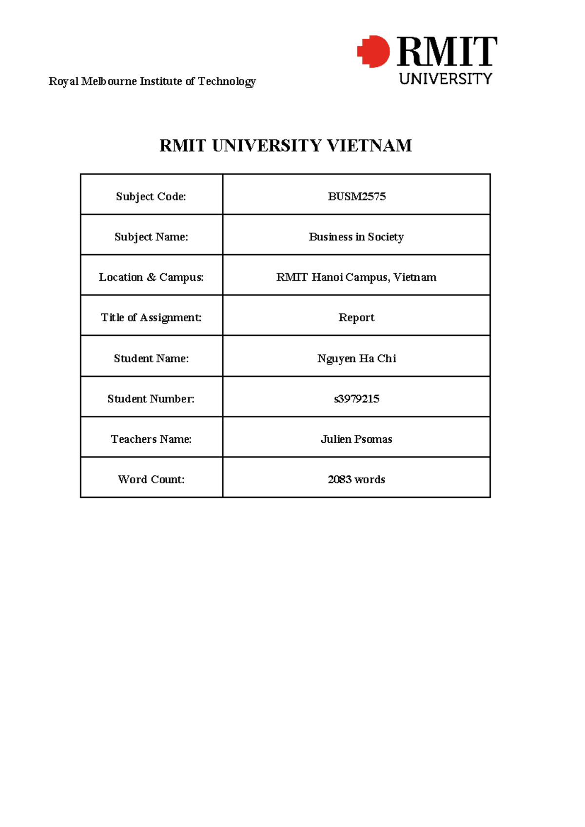 BIS-ASM3 - business in society asm3 - RMIT UNIVERSITY VIETNAM Subject ...
