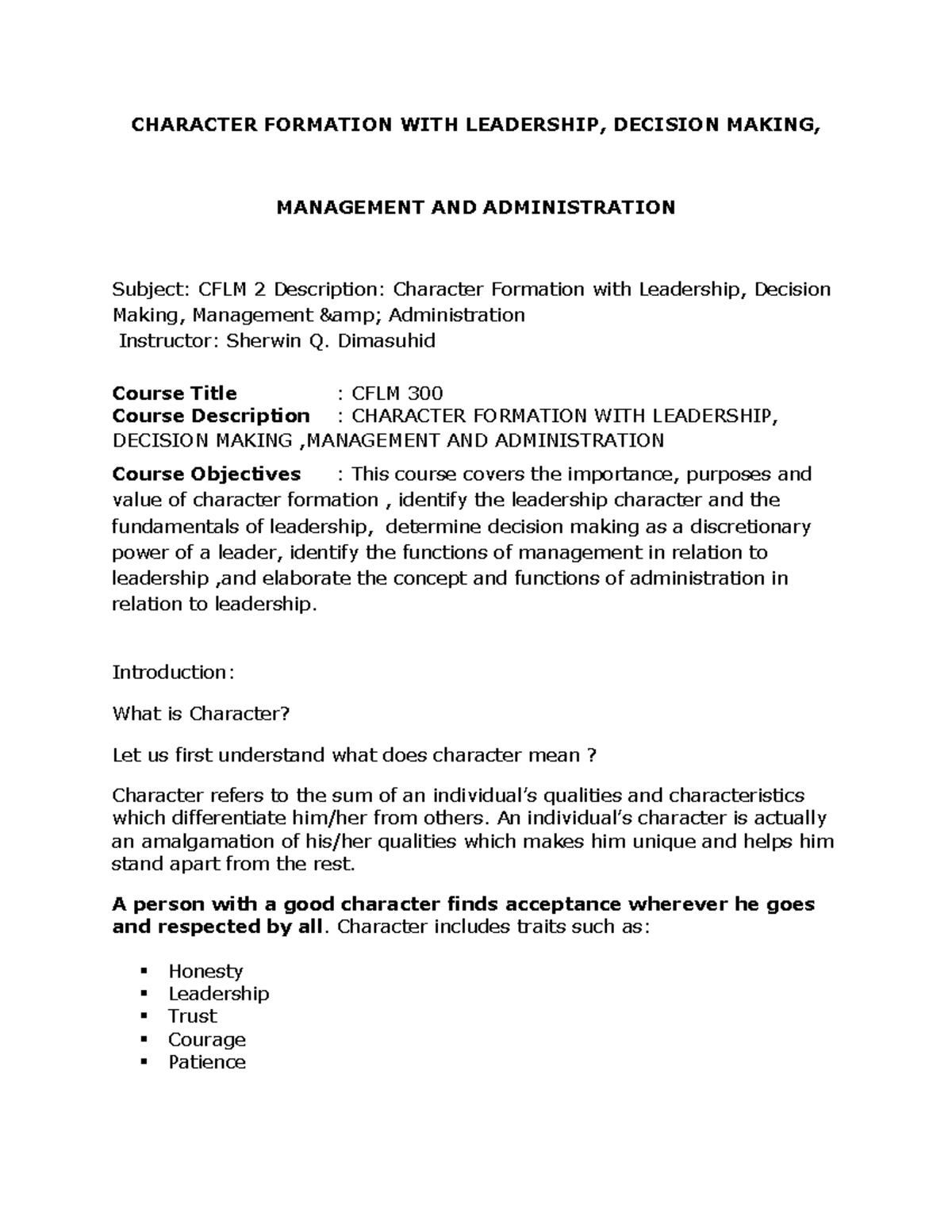 CFLM 300 Module - CFLM - CHARACTER FORMATION WITH LEADERSHIP, DECISION ...