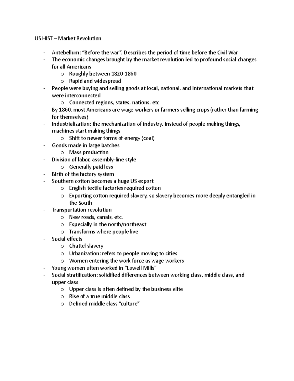 US HIST - market revolution - US HIST – Market Revolution Antebellum ...