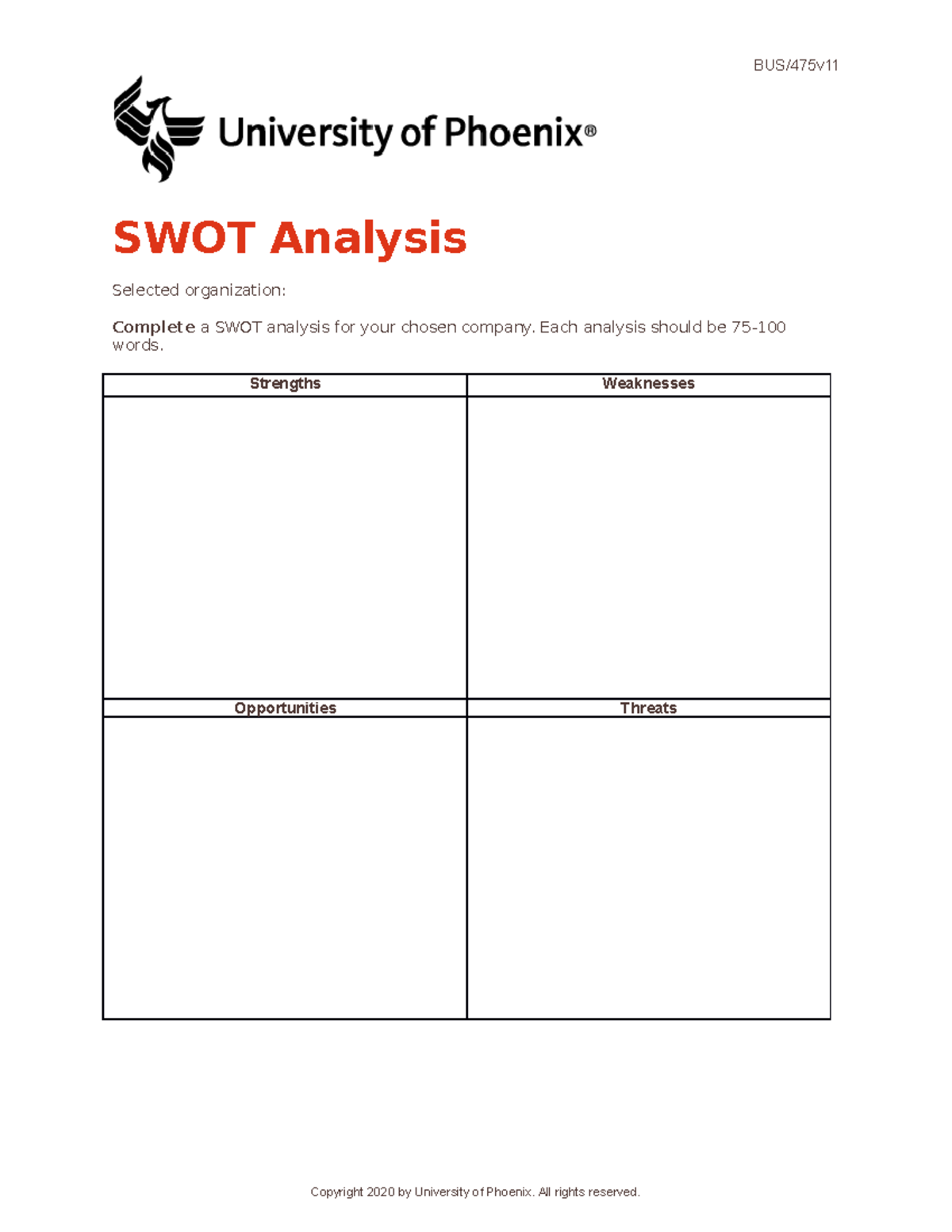 BUS475 v11 Wk2 SWOT 2 - Essay - BUS/475v SWOT Analysis Selected ...